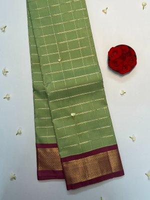 Checked Green Kanjeevaram Silk Saree With Maroon Border