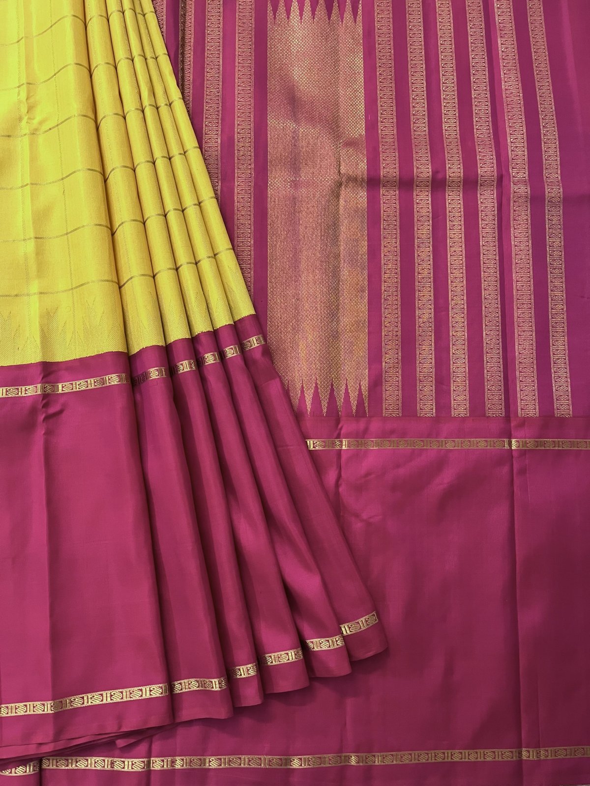 Checked Yellow Kanjeevaram Silk Saree With Pink Border