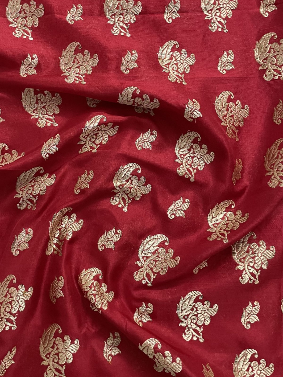 Bright Red Banaras Silk Blouse with Gold Zari Floral Buttis - Tulsi Weaves