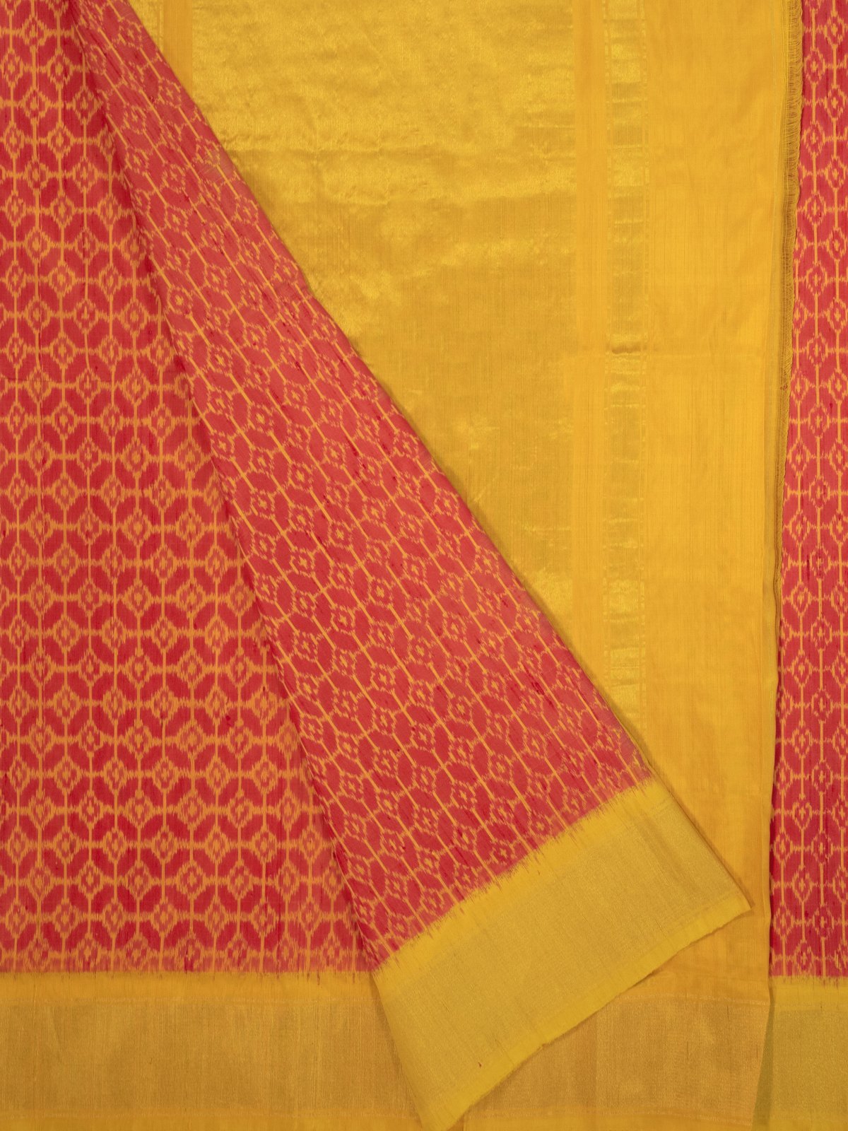Pink Ikat Silk Saree With Mustard-Yellow Border - Handwoven - Tulsi Weaves