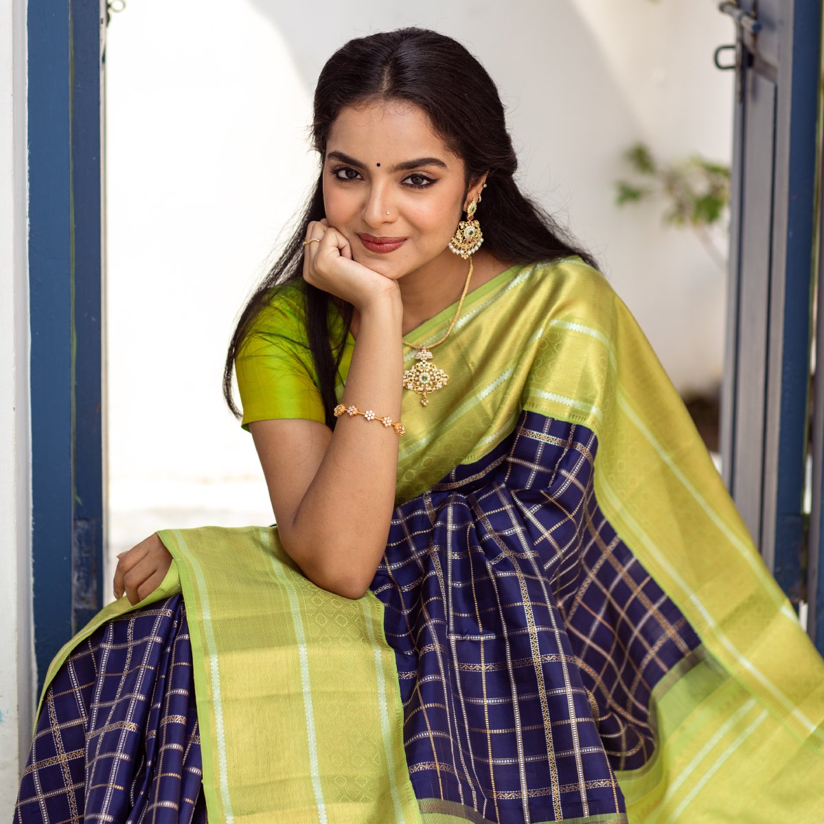 Checked Dark Blue Kanjeevaram Silk Saree With Green Border