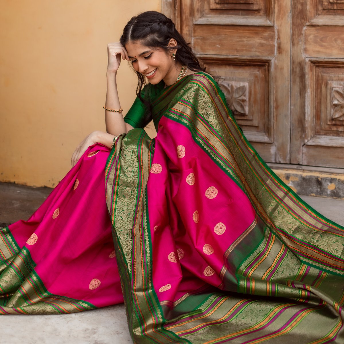Reddish Pink Kanjeevaram Silk Saree with Dark Green Border - Tulsi Weaves
