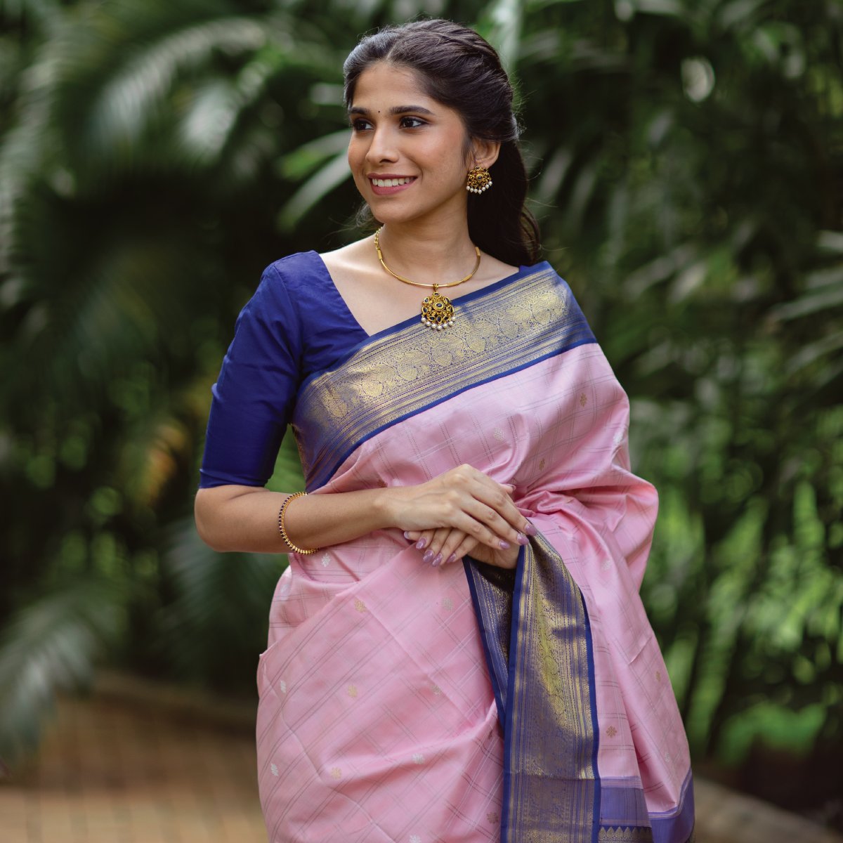 Checked Baby Pink Kanjeevaram Silk Saree With Navy Blue Border