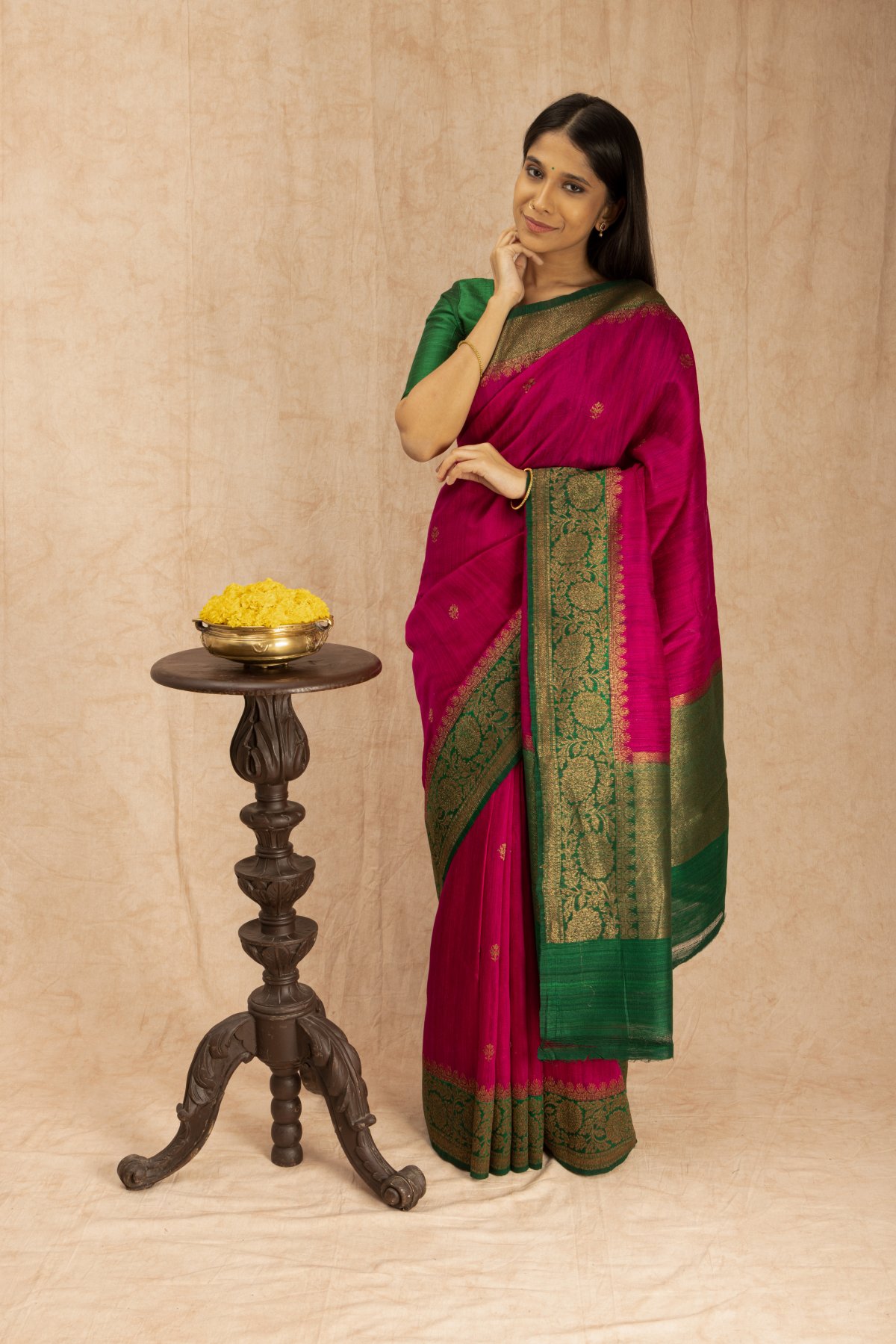 Rani Pink Tussar Banaras Saree With Dark Green Border