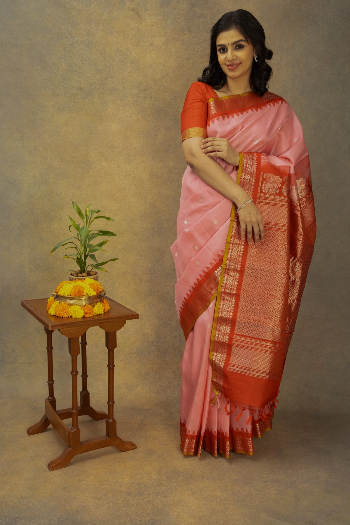 Light Pink Gadwal Silk Saree With Red Border