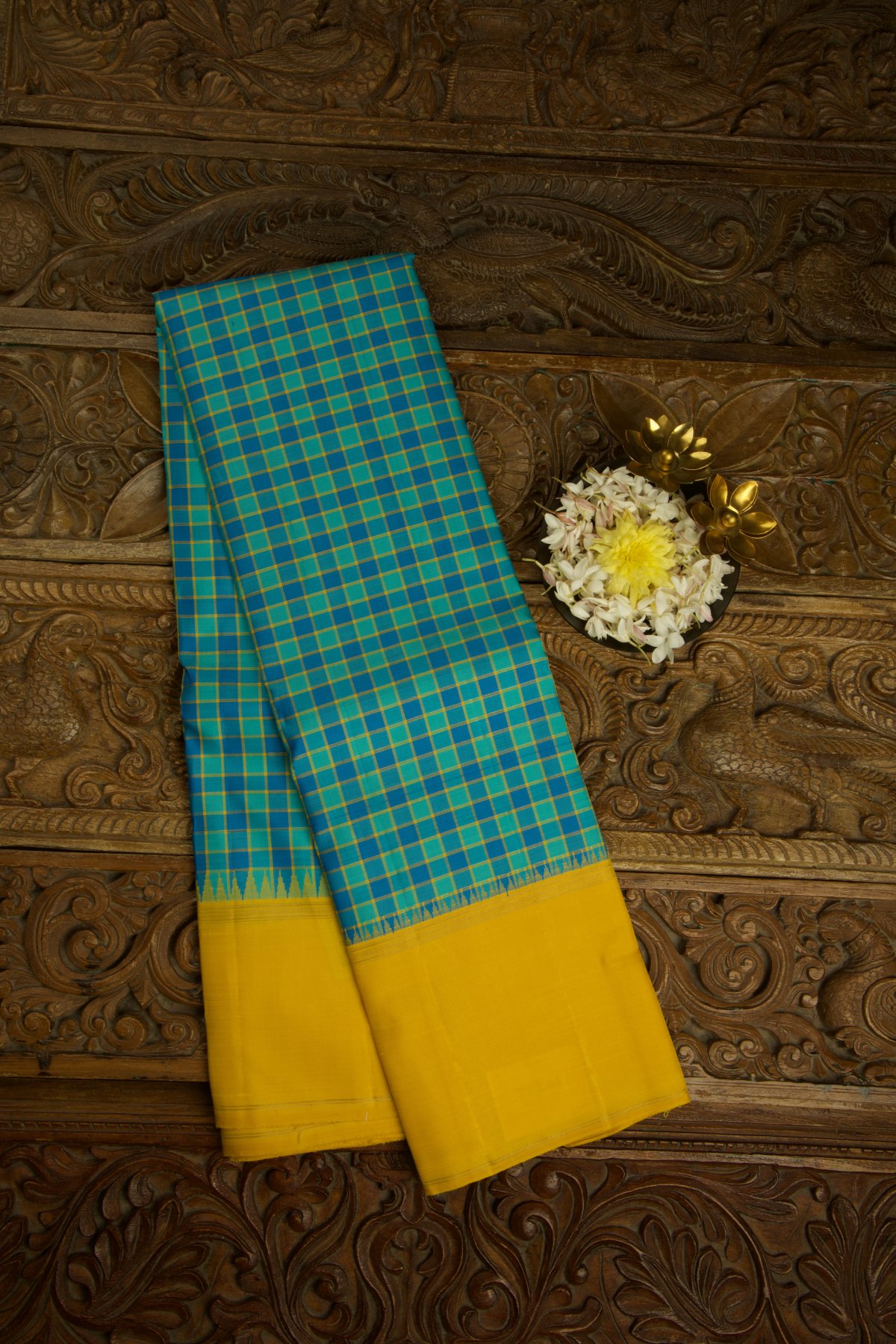 Blue Checked Kanjeevaram Silk Saree With Yellow Bodi Border
