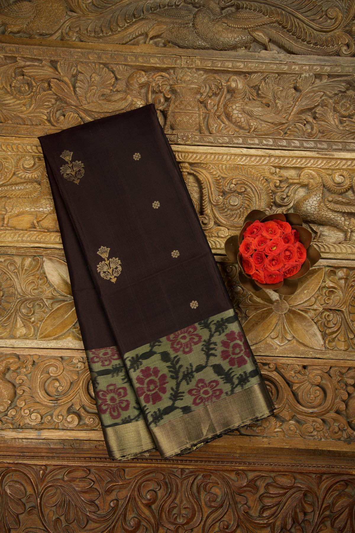 Dark Brown Soft Silk Saree With Gold Border