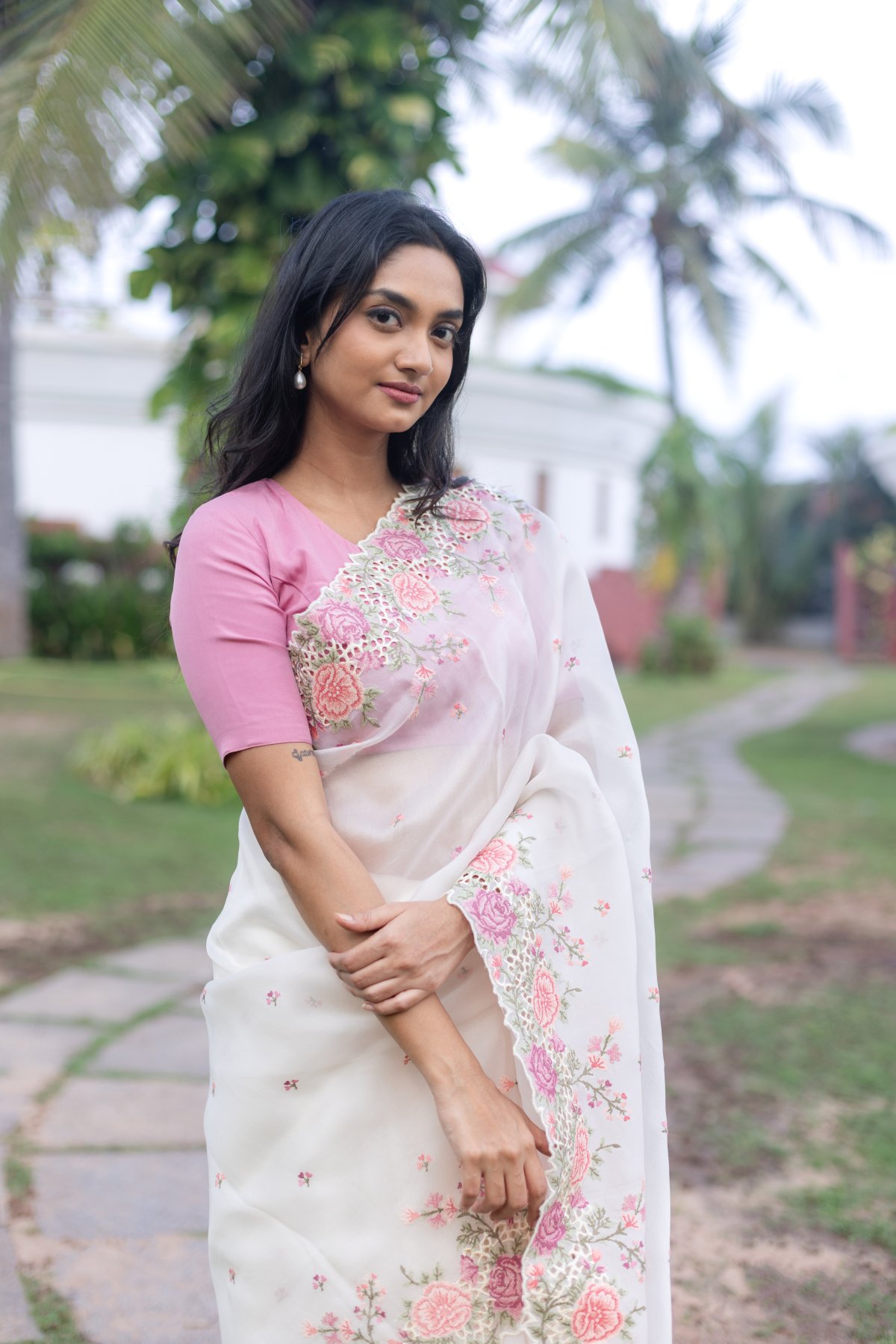 White Organza Saree with Floral Embroidered Border - Tulsi Weaves