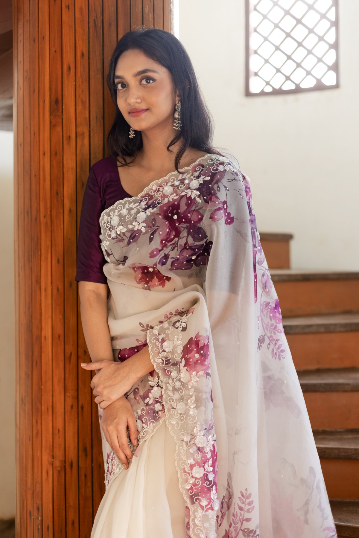 White Organza Saree with Floral Embroidery - Tulsi Weaves