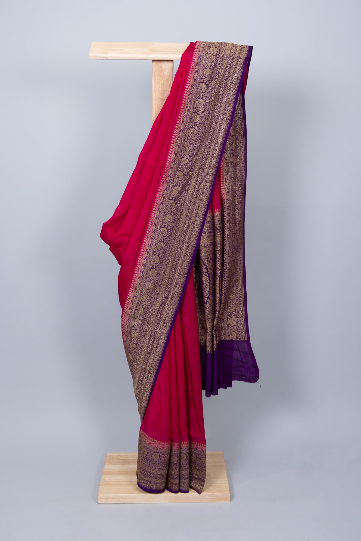 Rani Pink Crepe Banaras Silk Saree with Violet Border - Tulsi Weaves