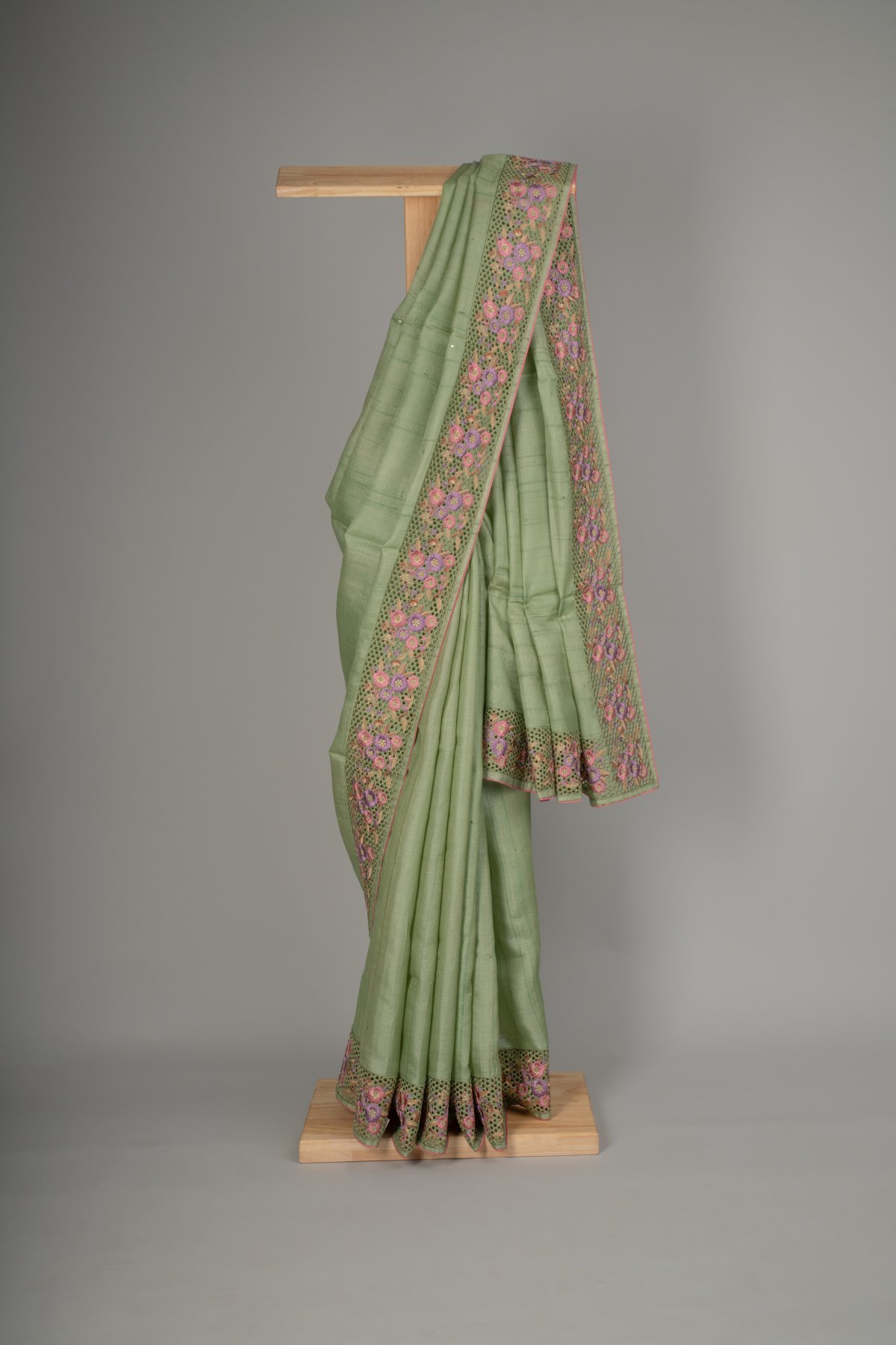 Light Green Tussar Silk Saree With Cutwork Embroidery