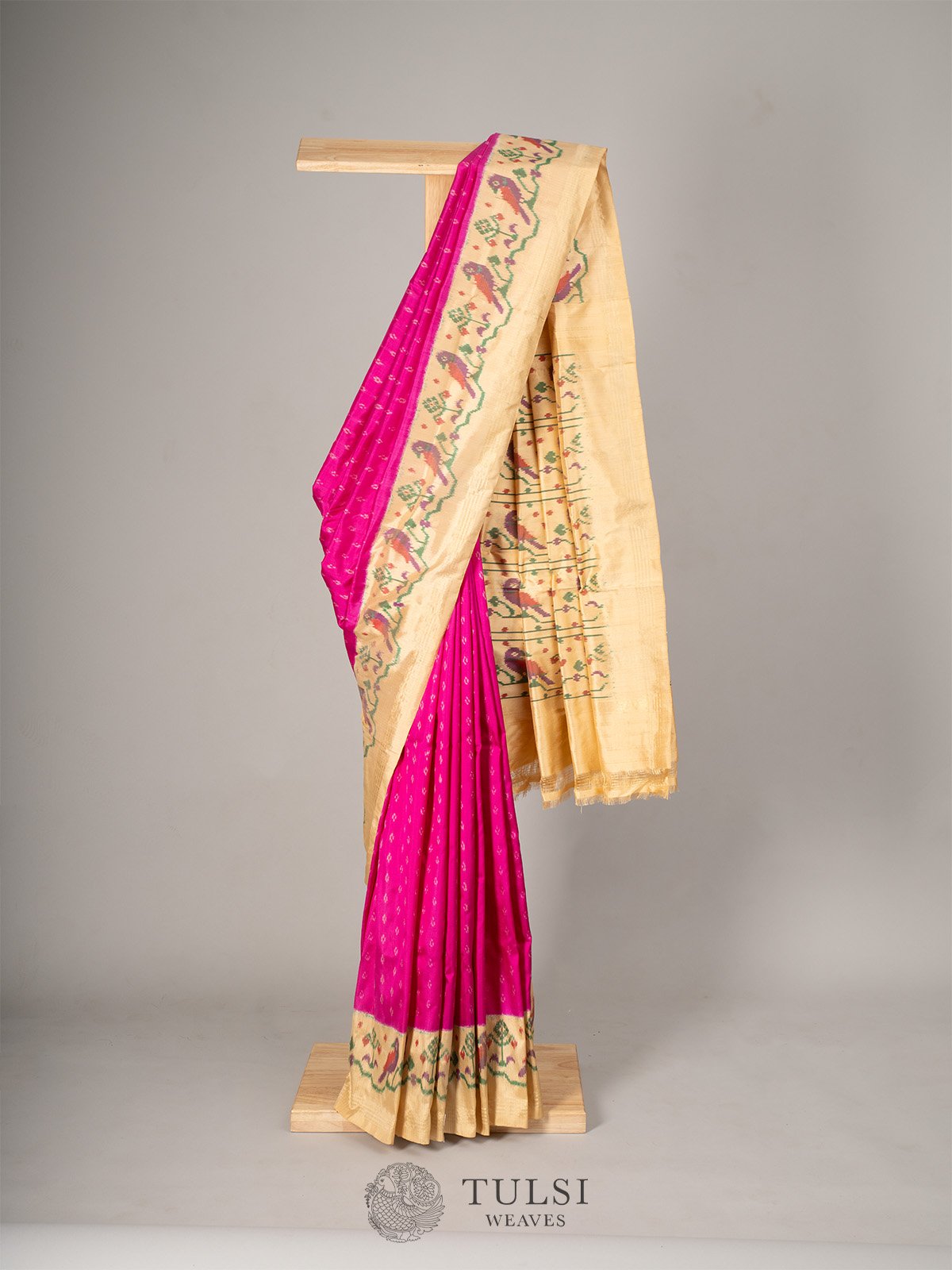 Elegant Pink Ikat Silk Saree with Beige Border - Tulsi Weaves