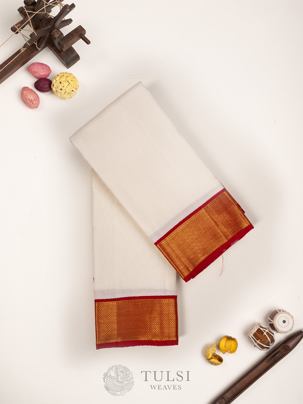 White Silk Dhoti With Red Border