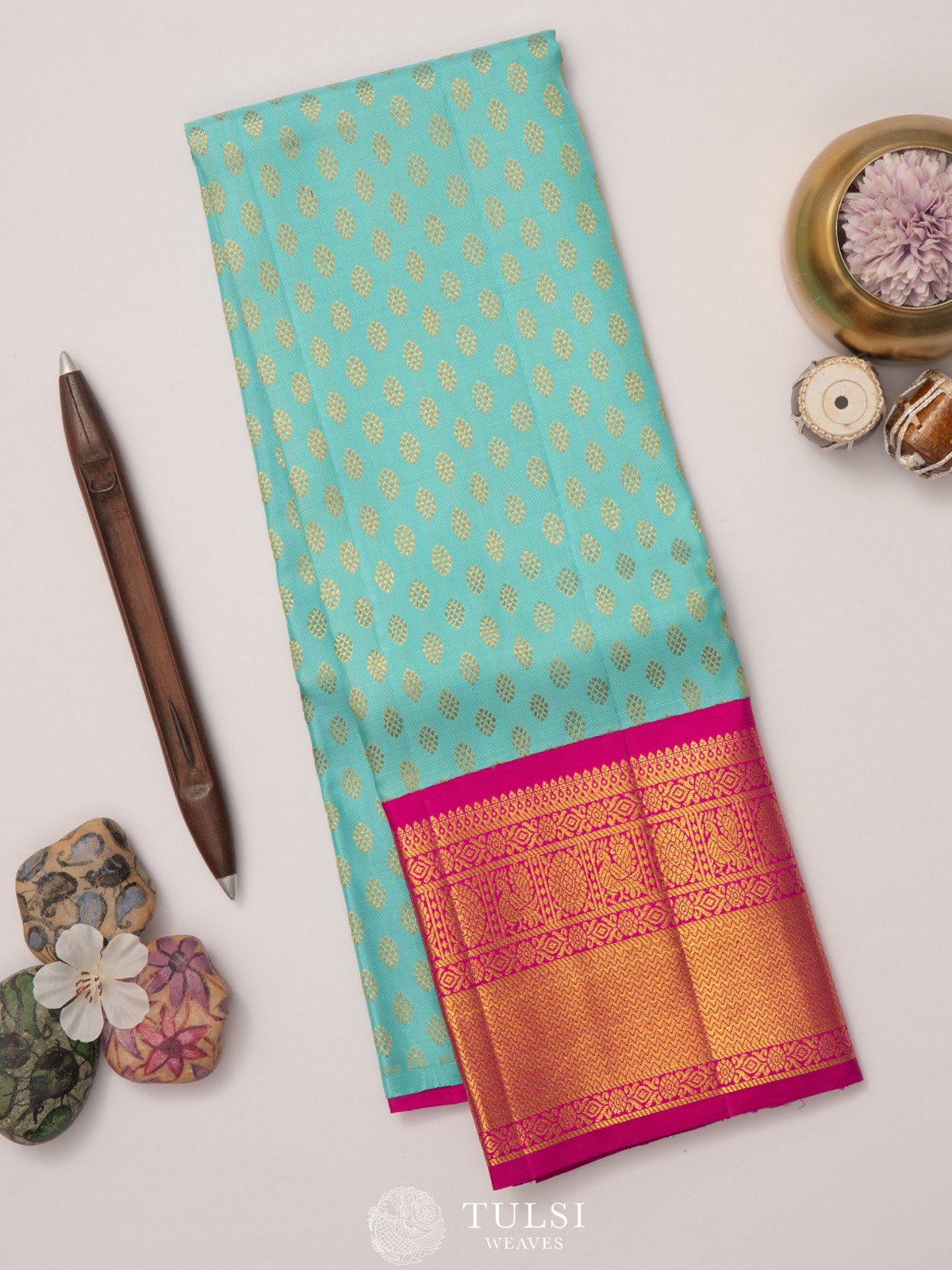 Light Blue Kanjeevaram Silk Pavadai Traditional Elegance with Pink ...