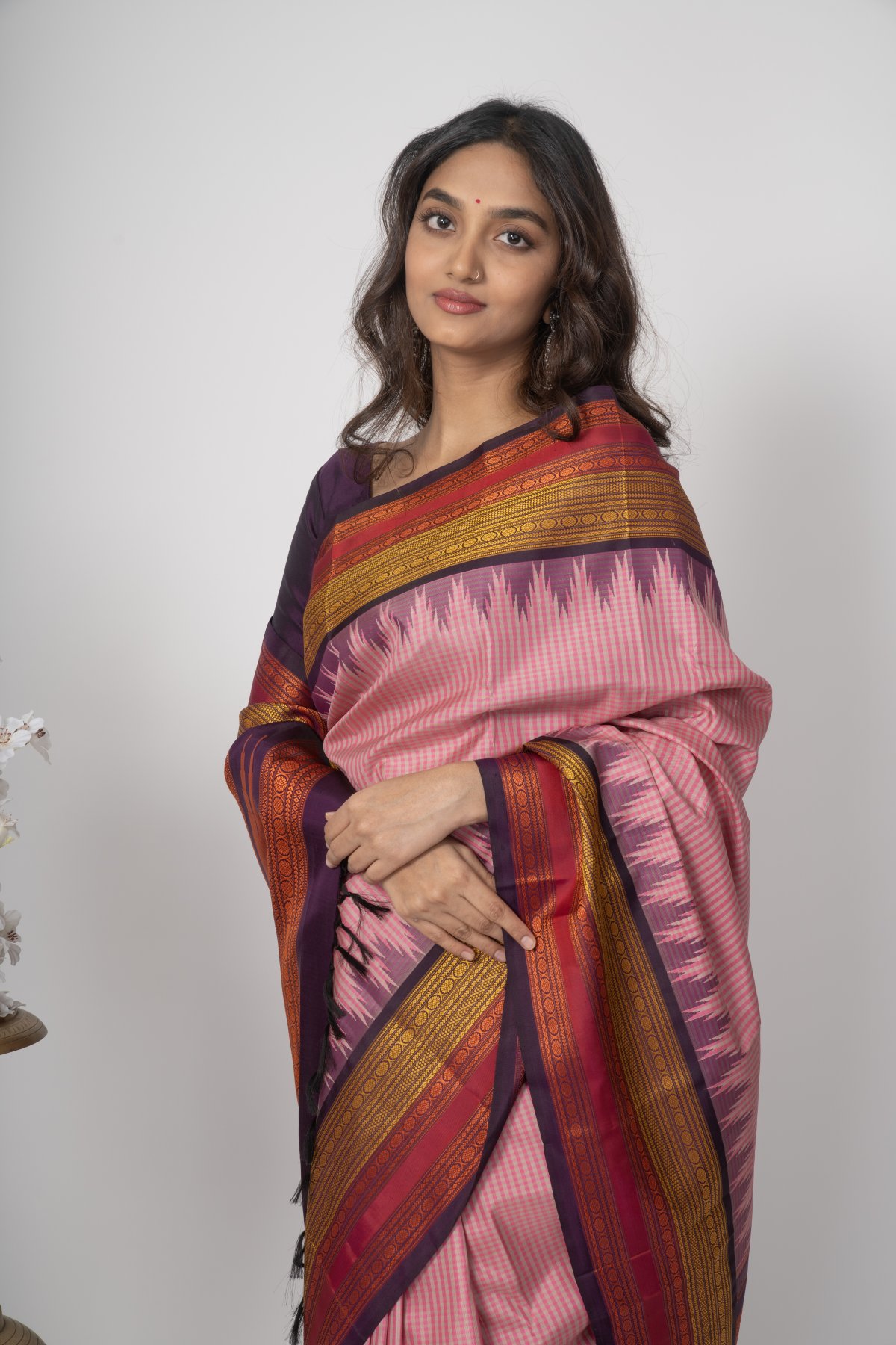 Pink Checkered Kanjeevaram Silk Saree - Traditional Elegance - Tulsi Weaves