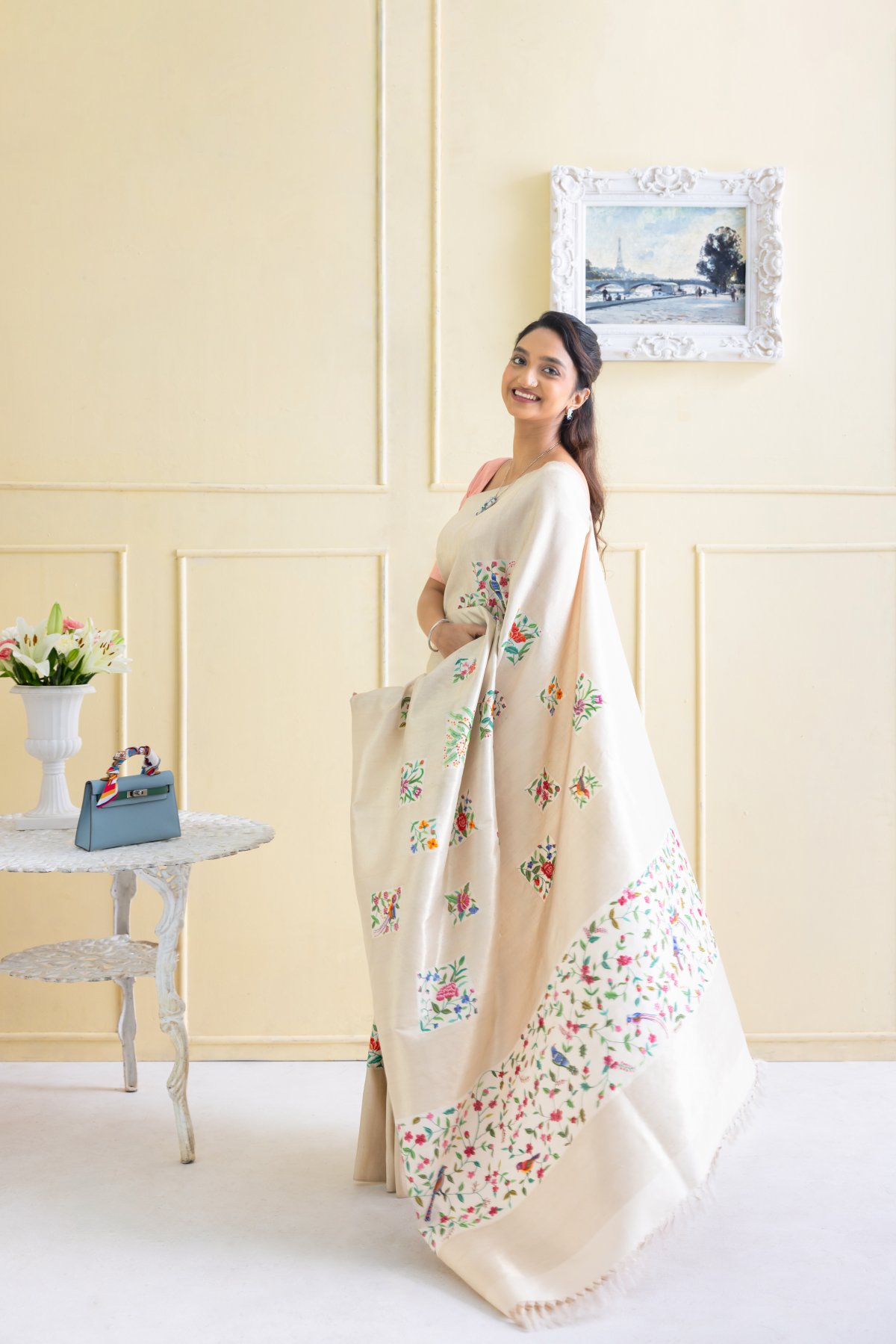 Silver Ettukol Petit Point Kanjeevaram Silk Saree