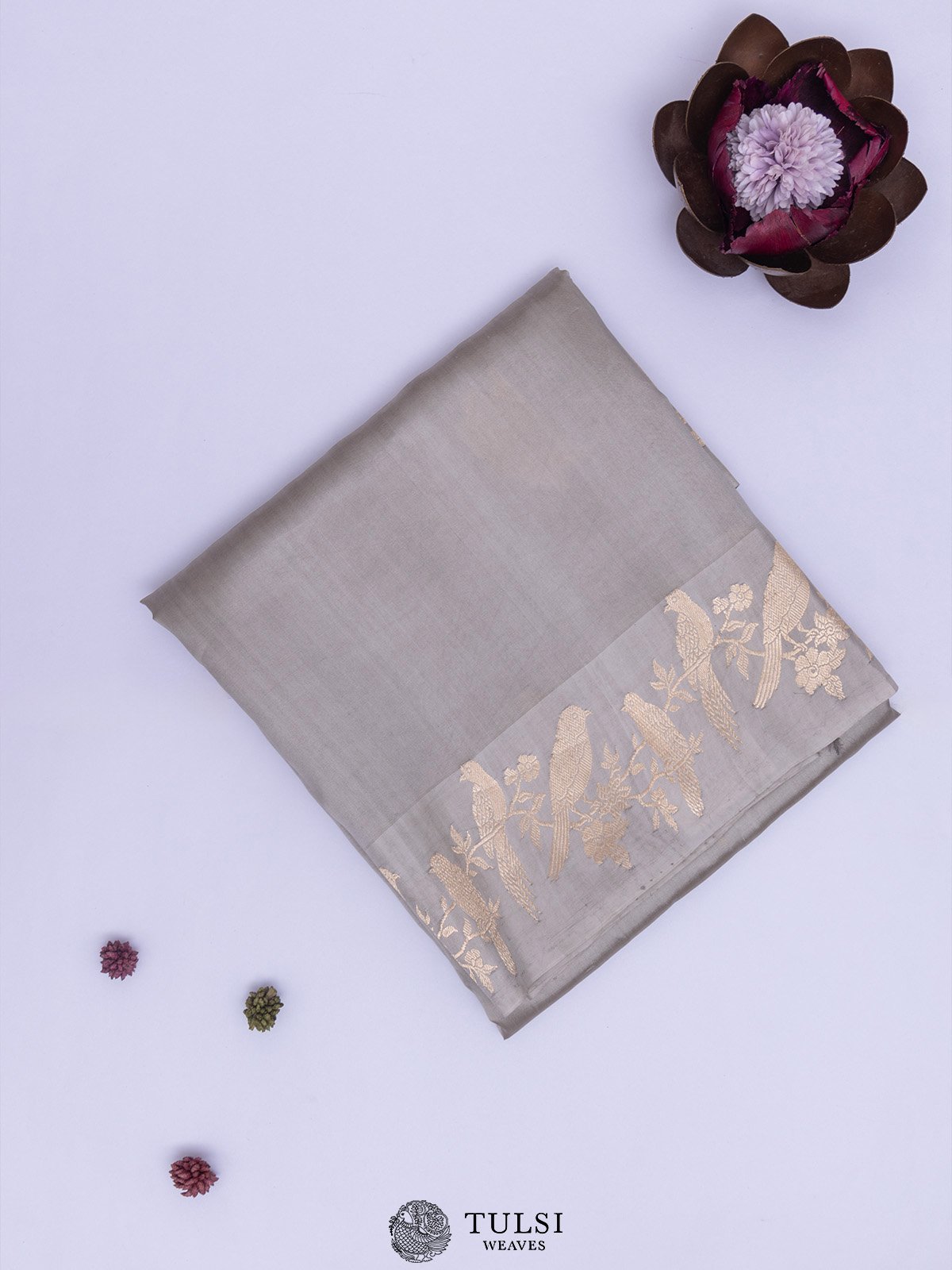 Oyster Grey Banaras Silk Saree with Elegant Satin Border - Tulsi Weaves