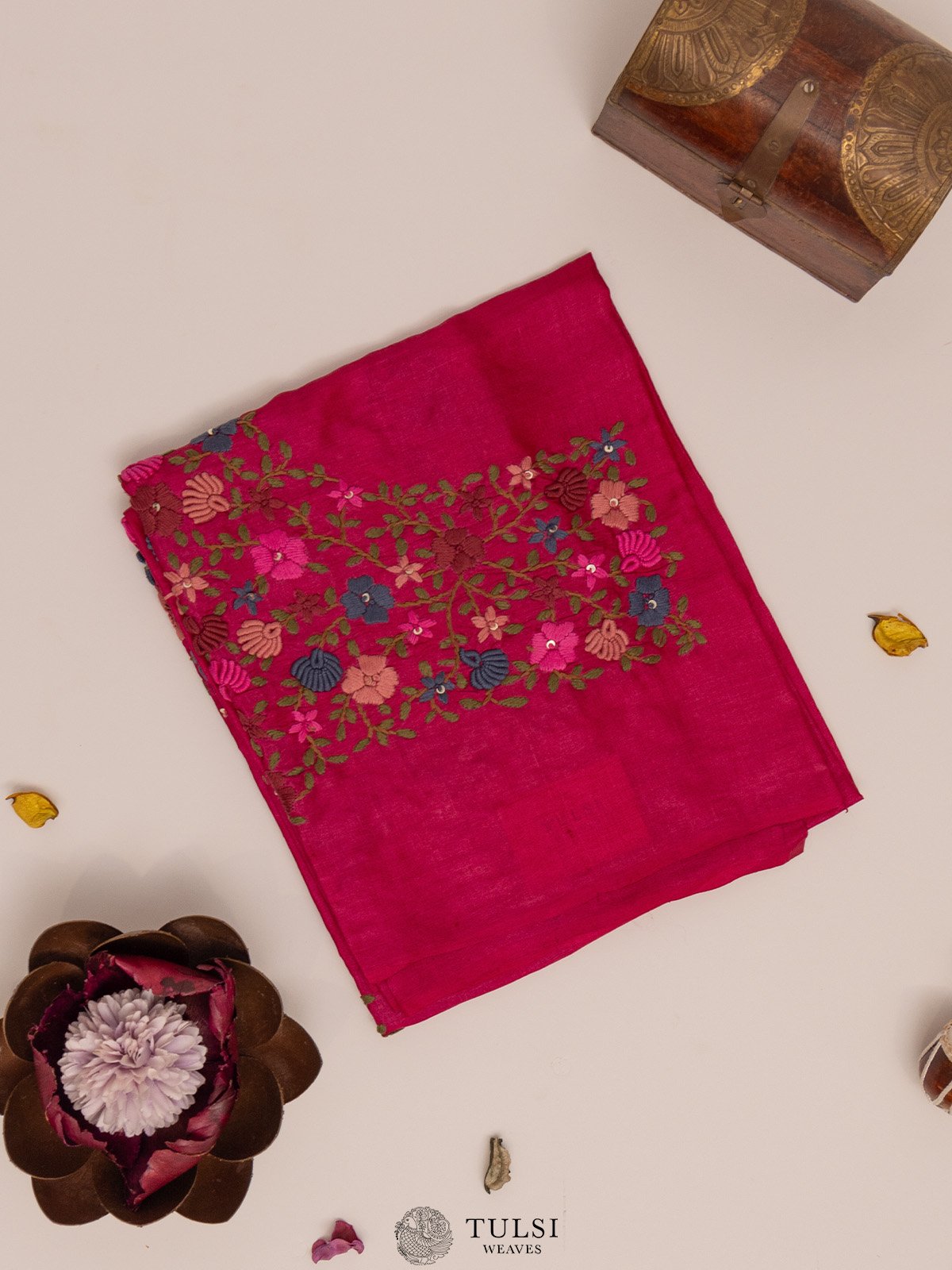 Rani Pink Tussar Blouse with Floral Embroidery – Tulsi Weaves