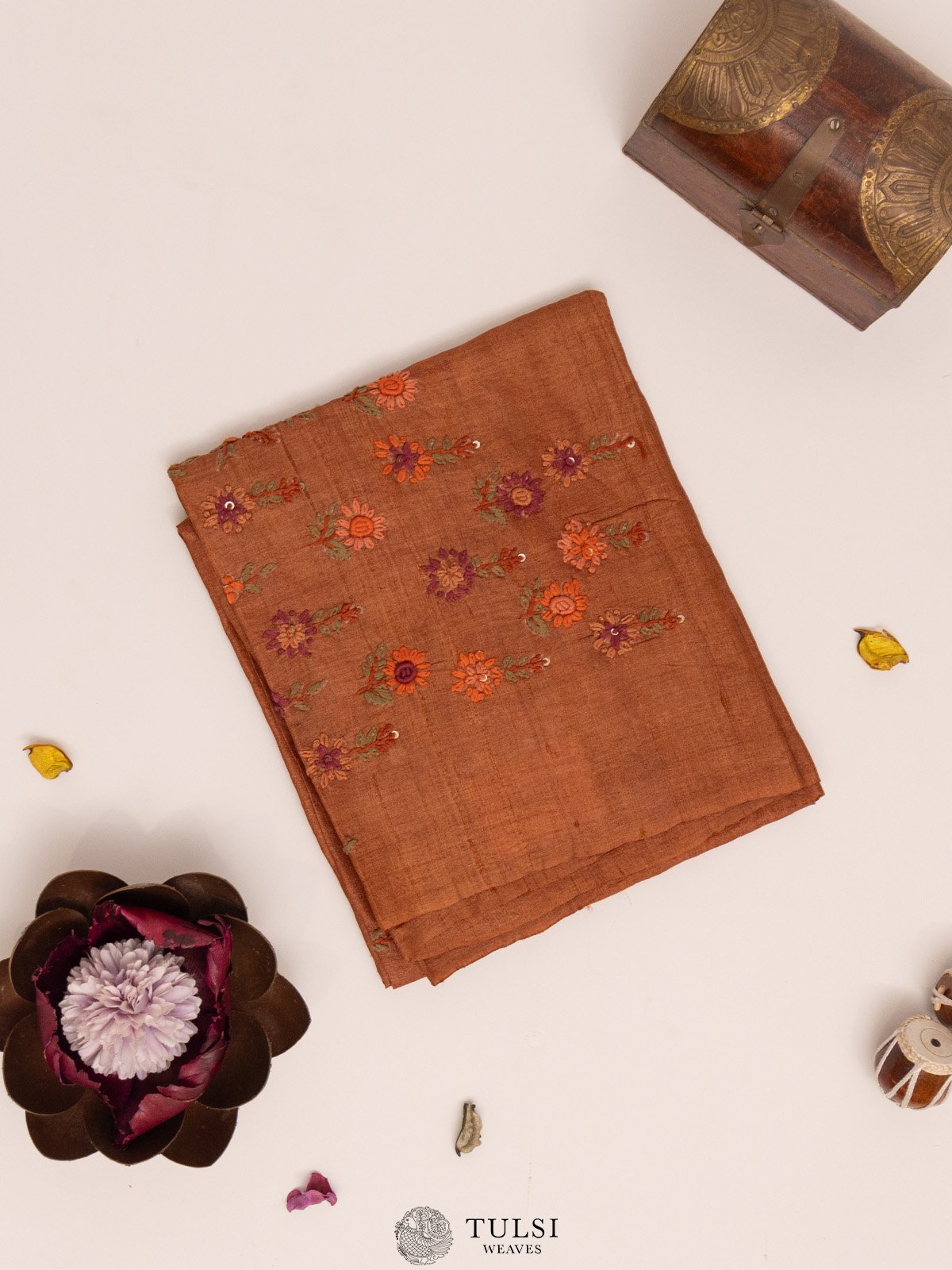 Brown Tussar Blouse with Floral Embroidery - Tulsi Weaves
