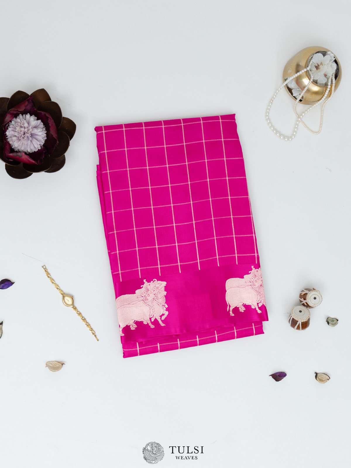 Rani Pink Checked Mashru Silk Saree - Tulsi Weaves