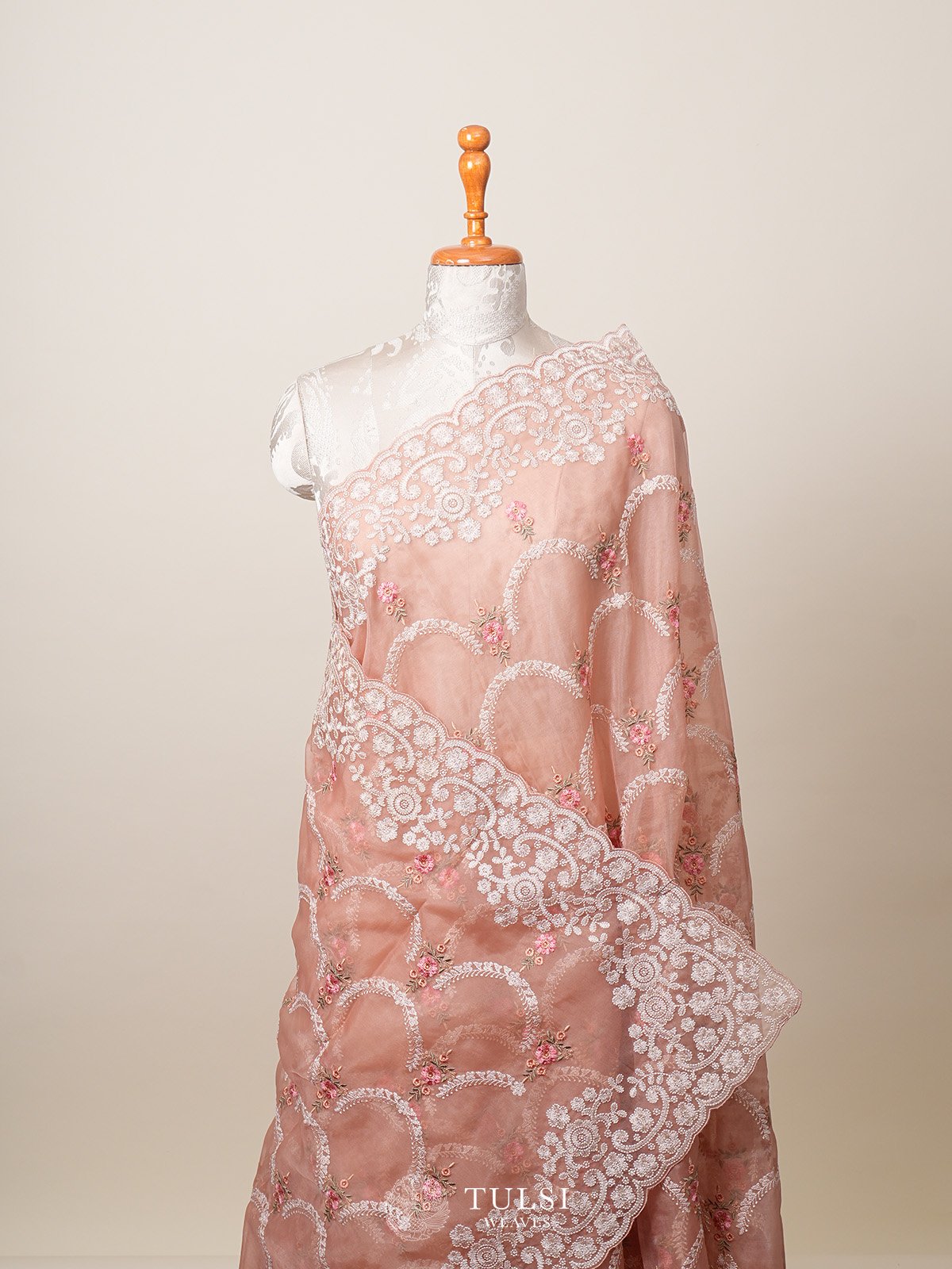Light Brown Organza Saree with Floral Embroidered - Tulsi Weaves