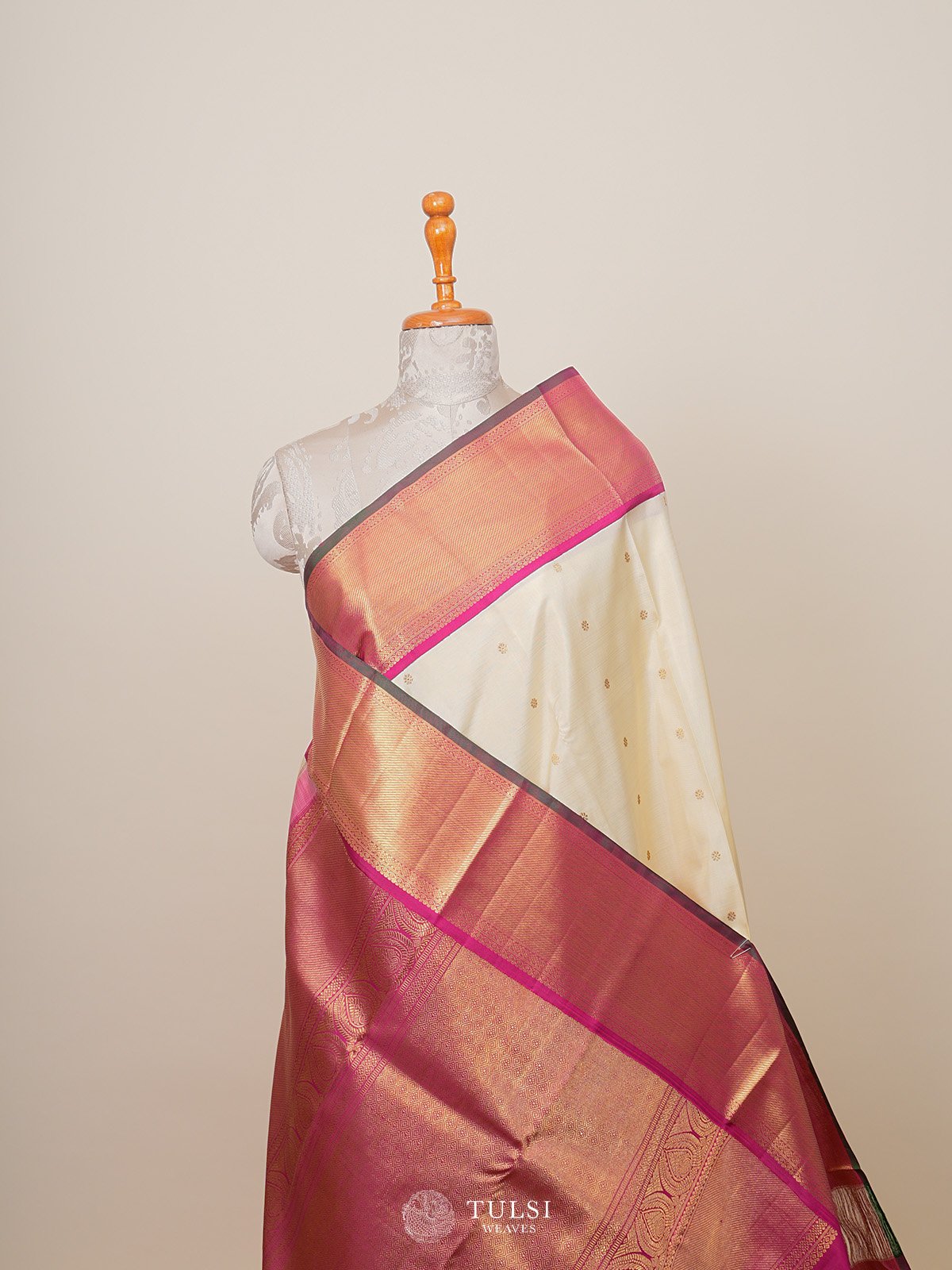 Elegant Light Beige Kanjeevaram Silk Saree - Traditional Indian Silk Saree - Tulsi Weaves