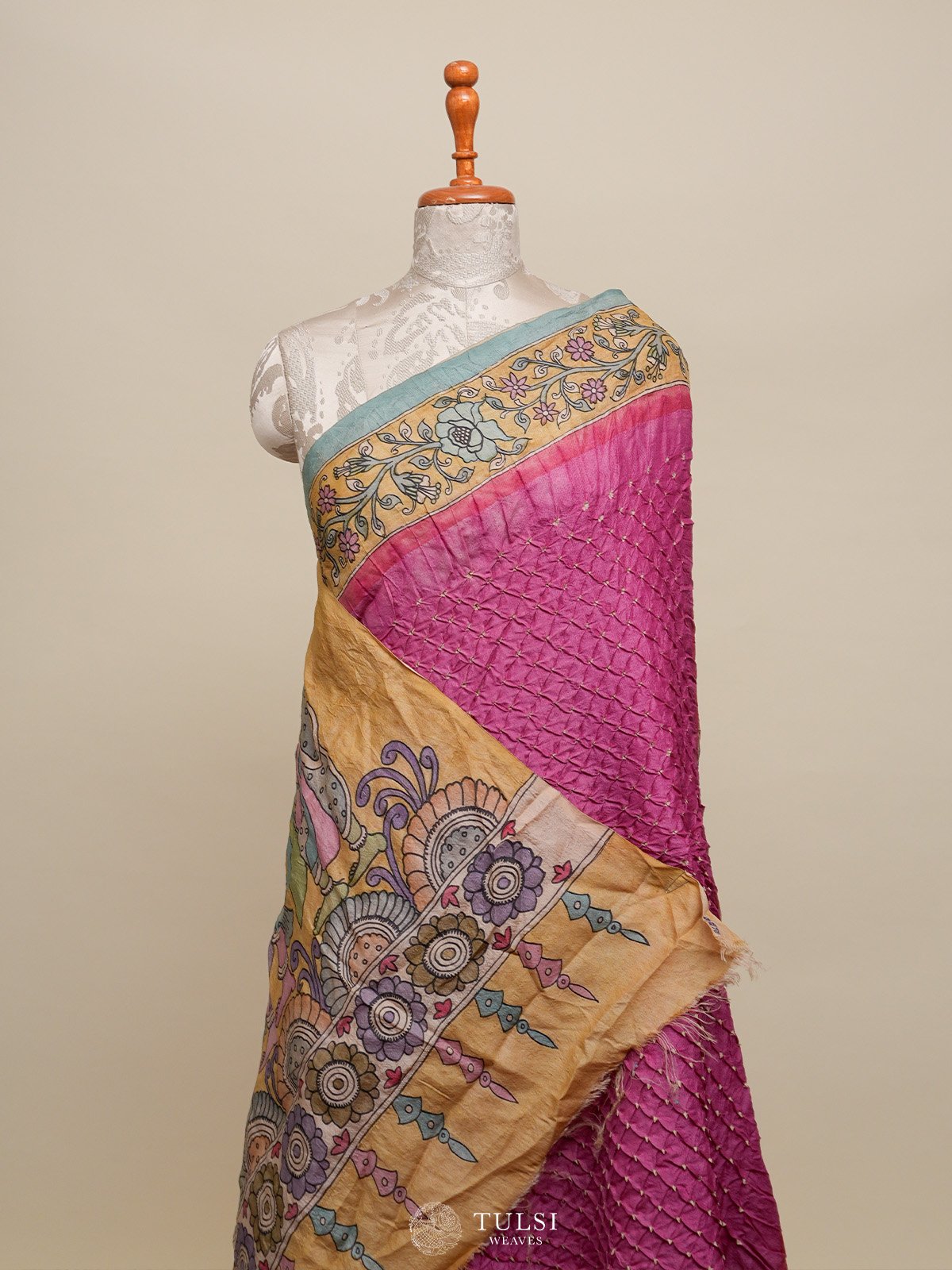 Magenta Bandhini Tussar Silk Saree with Kalamkari Print – Tulsi Weaves