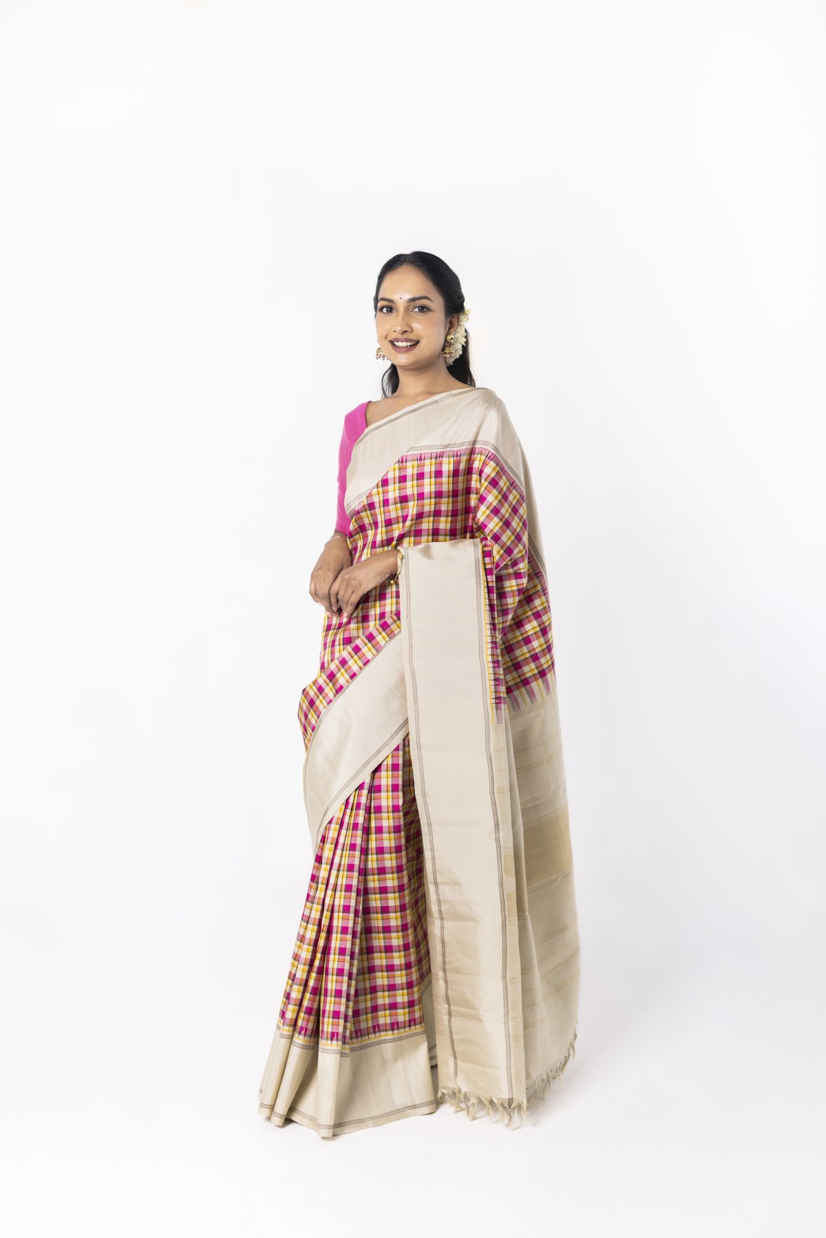 Multi-Color Checked Kanjeevaram Silk Saree - Elegant Weaves - Tulsiweaves