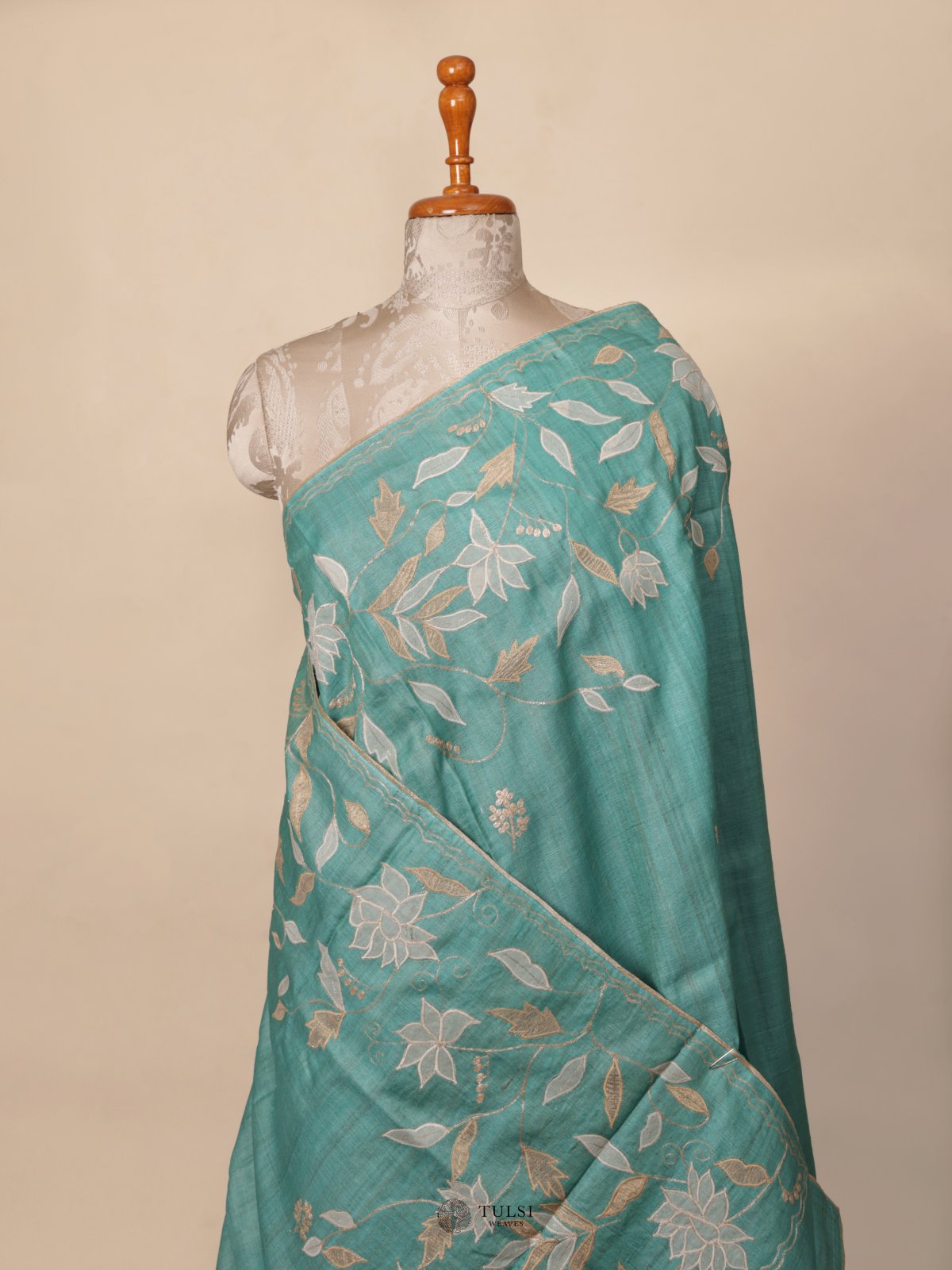 Elegant Sky Blue Tussar Silk Saree with Applique Work