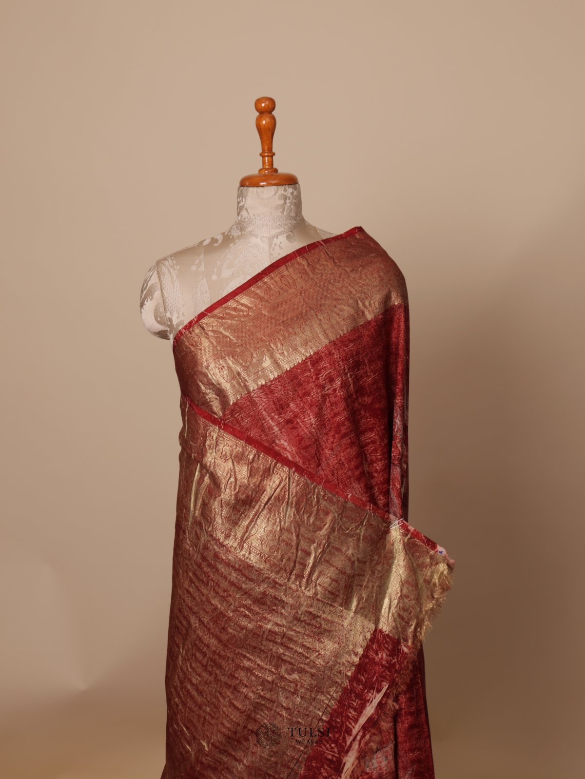 Elegant Dark Red Eco Print Silk Saree - Tulsi Weaves