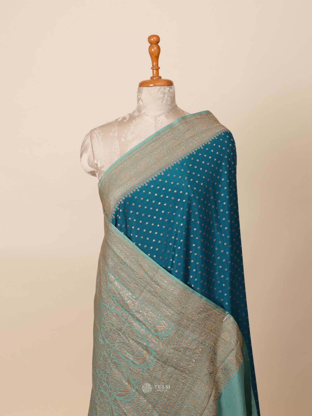 Teal Blue Banaras Crepe Silk Saree - Tulsi Weaves