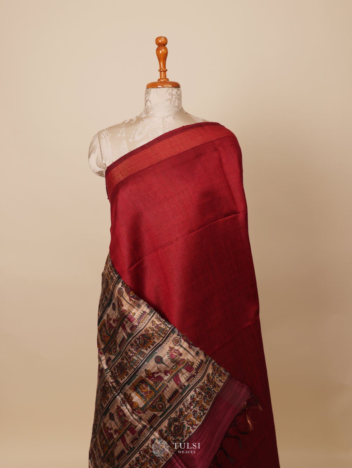 Maroon Tussar Silk Saree With Madhubani Print - Tulsi Weaves
