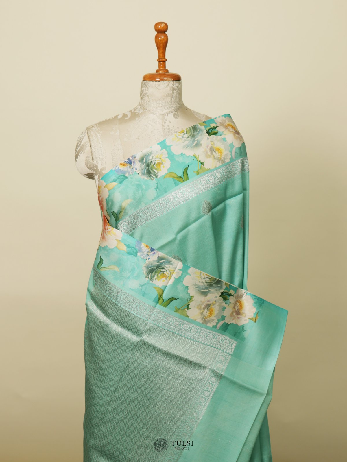 Sea Green Printed Tussar Silk Saree With Satin Border - Tulsi Weaves