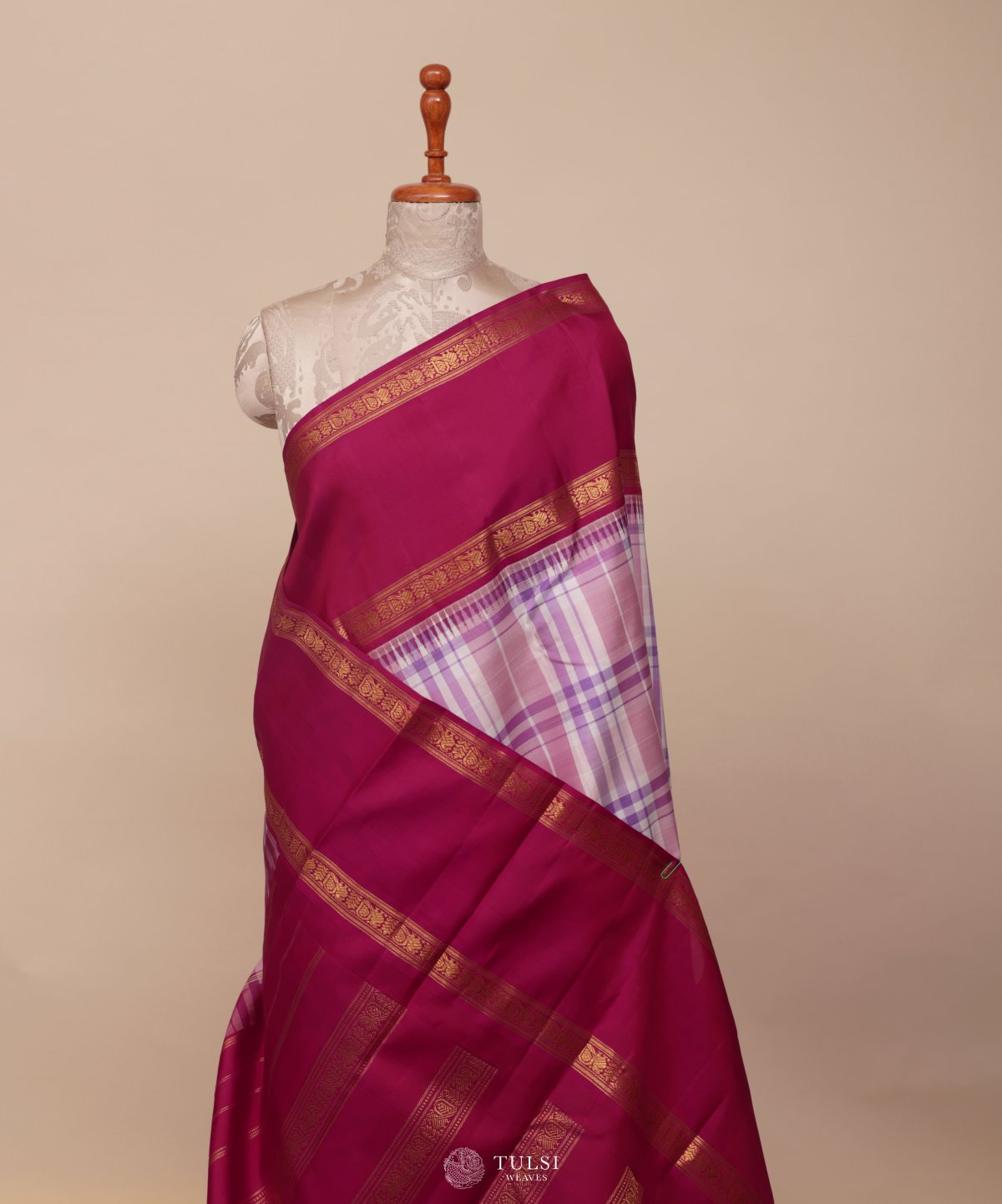 Multi Color Checked Kanjeevaram Silk Saree With Pink Border - Tulsi Weaves