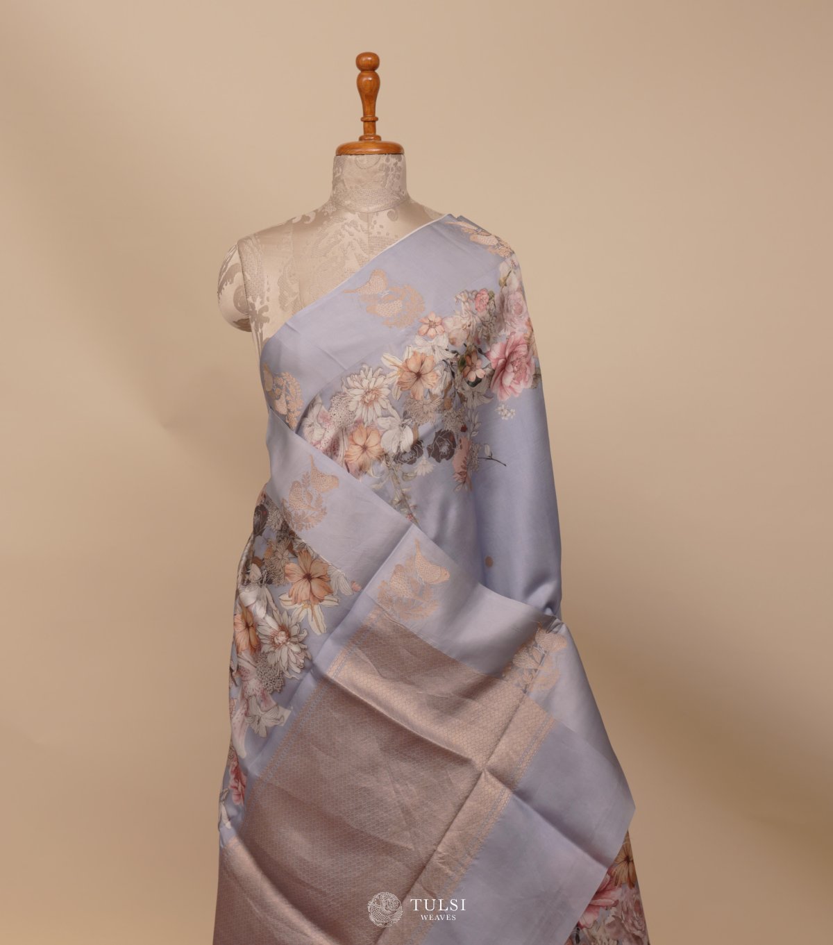 Pastel Blue Printed Mashru Silk Saree - Tulsi Weaves