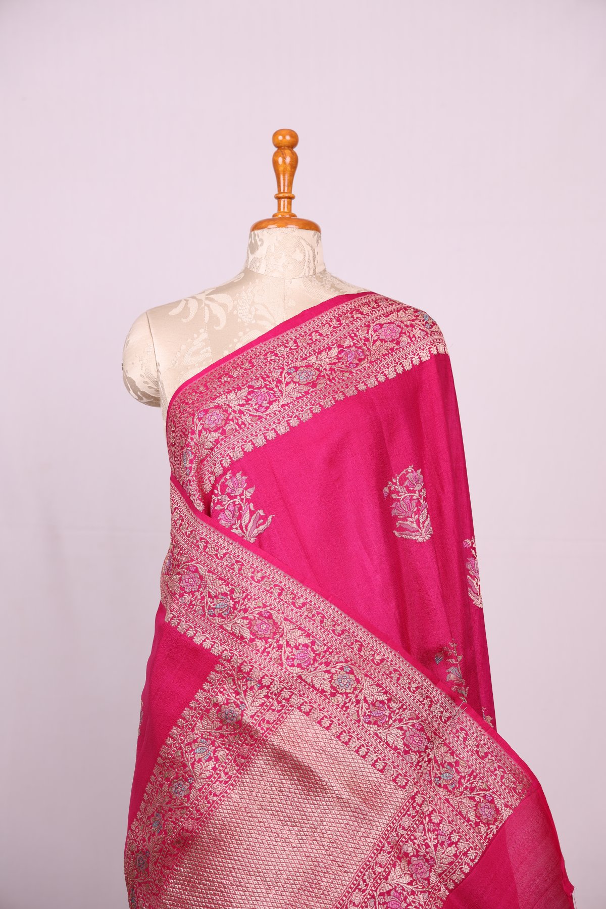 Rani Pink Banaras Tussar Georgette Silk Saree With Meenakari Border