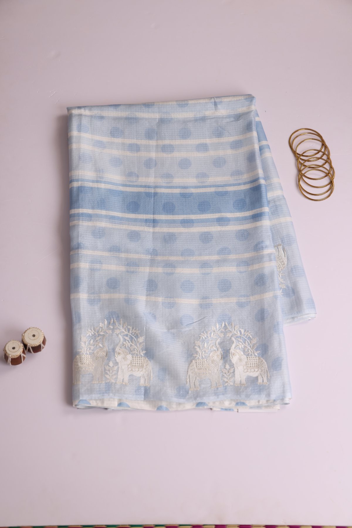 Light Blue Striped Kota Silk Saree With Embroidered Border | Tulsi weaves