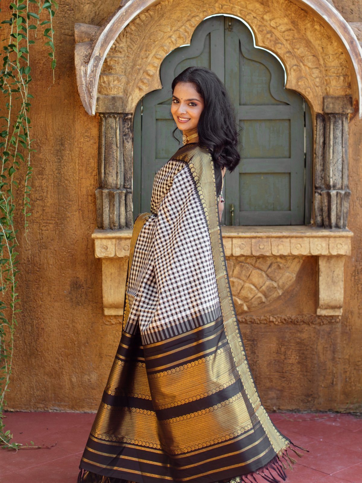 Handwoven Checked Kanjeevaram Silk Saree With Black Border