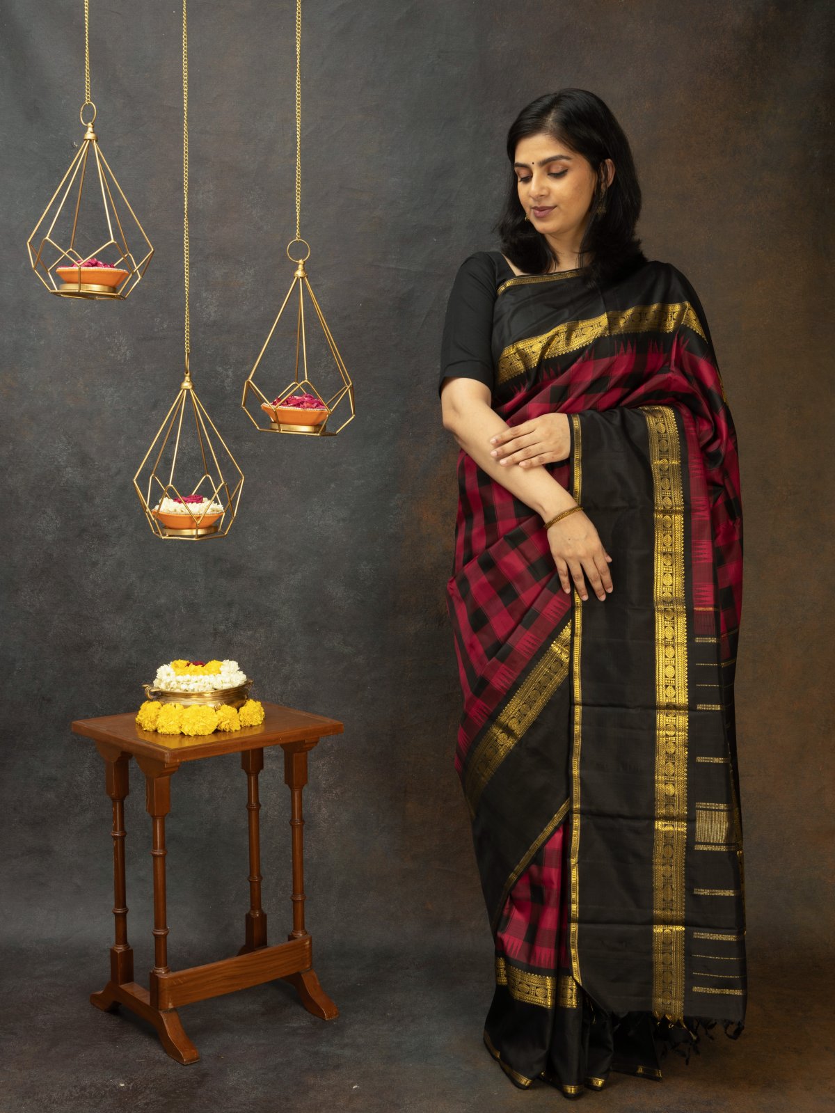 Checked Kanjeevaram Silk Saree With Black Border