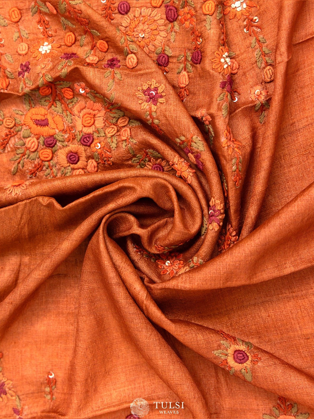 Brown Tussar Blouse with Floral Embroidery - Tulsi Weaves