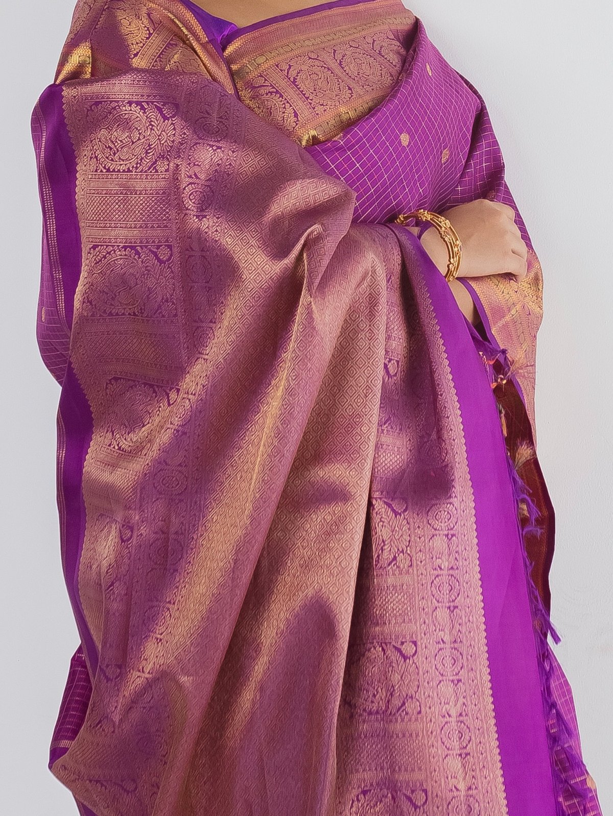 Purple Checked Handwoven Kanjivaram Silk Saree With Self-Border - Tulsi ...