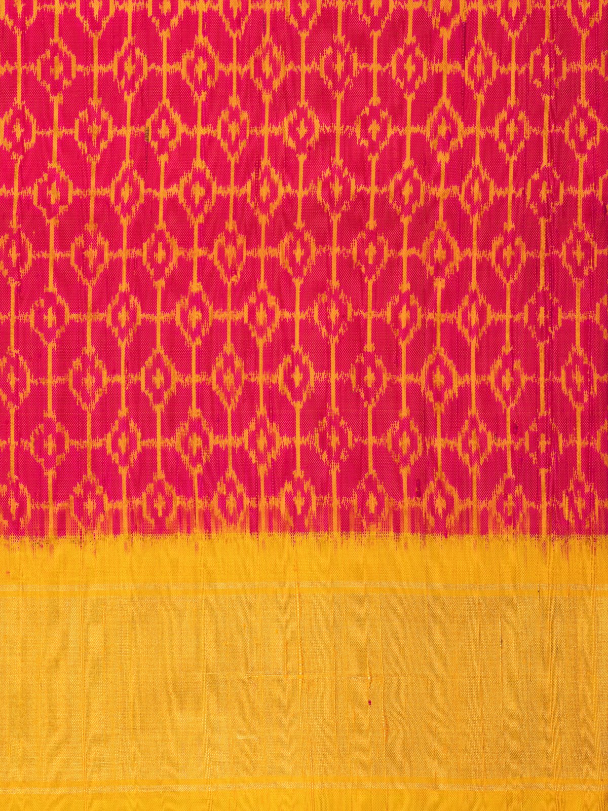 Pink Ikat Silk Saree With Mustard-Yellow Border - Handwoven - Tulsi Weaves