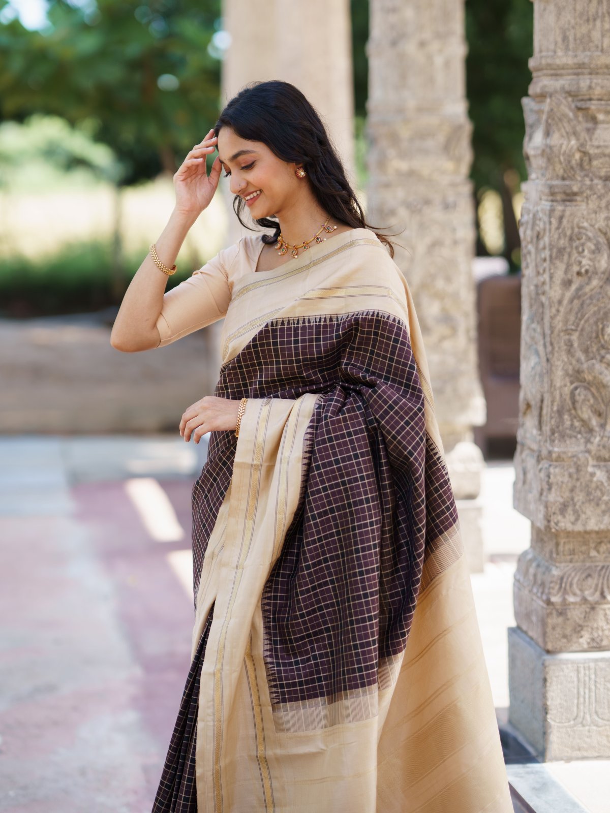 Black and Brown Kanjeevaram Silk Saree with Beige Bodi Border - Tulsi ...