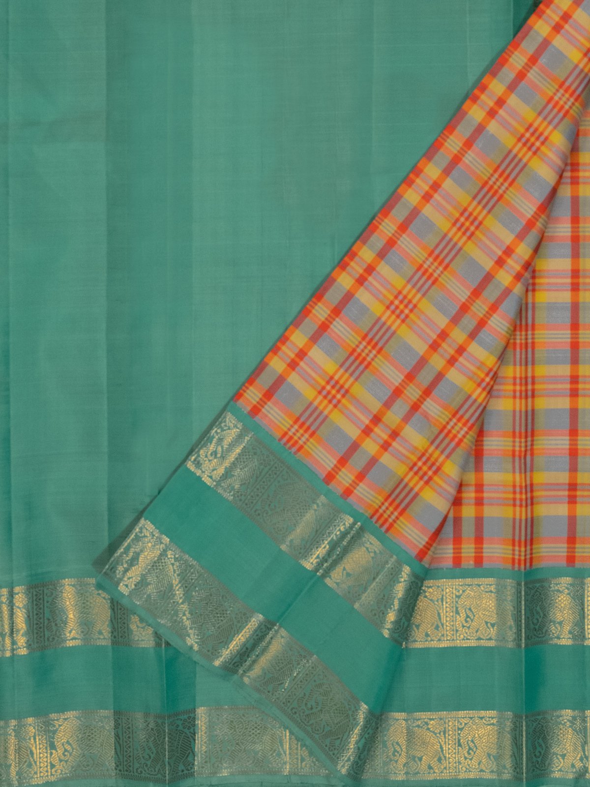 Handwoven Checked Kanjeevaram Silk Saree With Blue Border