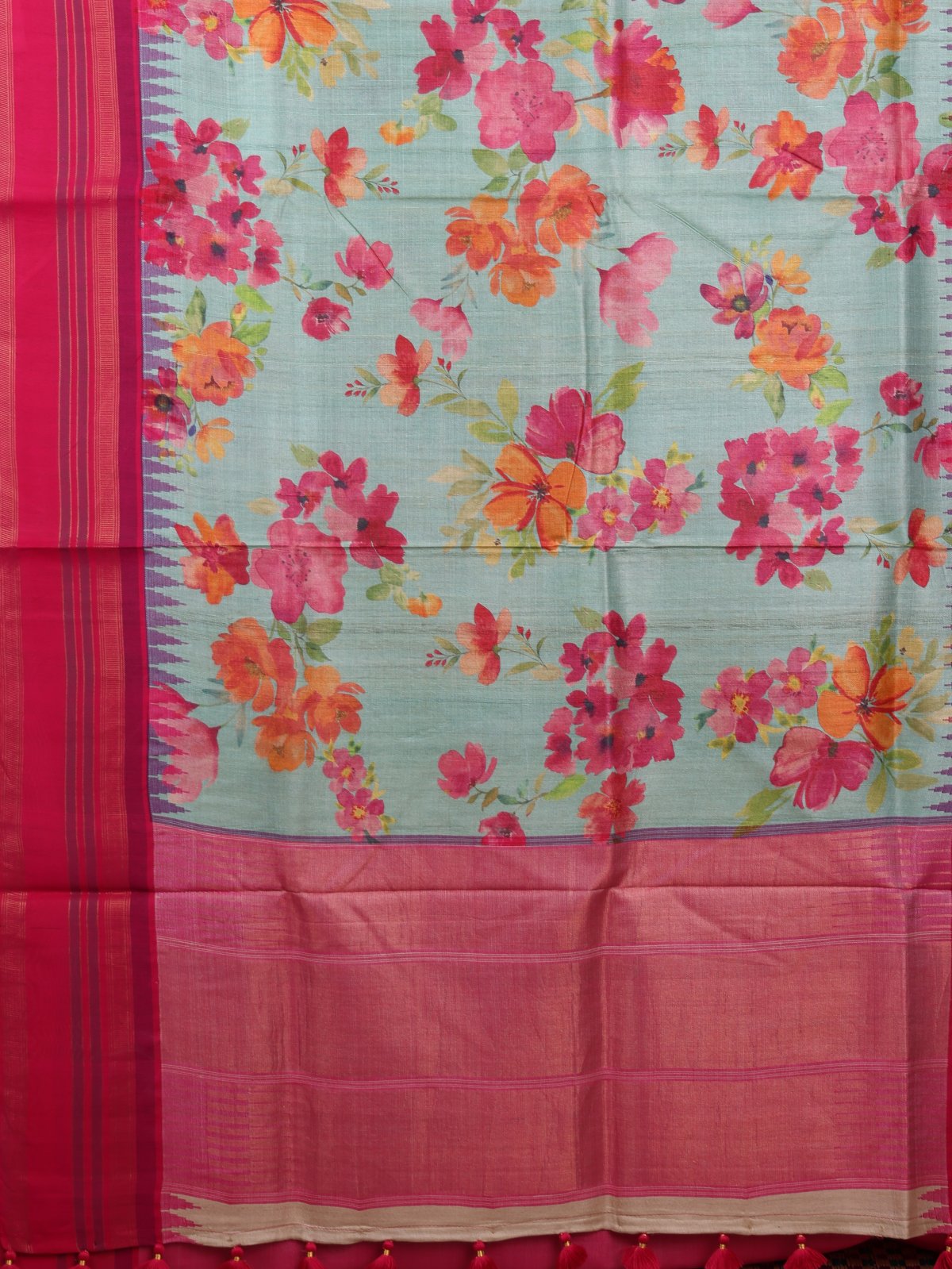Light Bluish Green Printed Tussar Silk Saree With Rani Pink Border