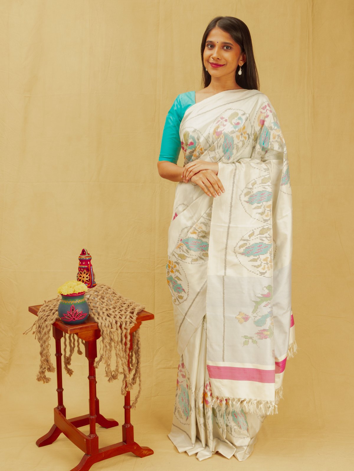 Grey Patola Silk Saree With Matching Self Border