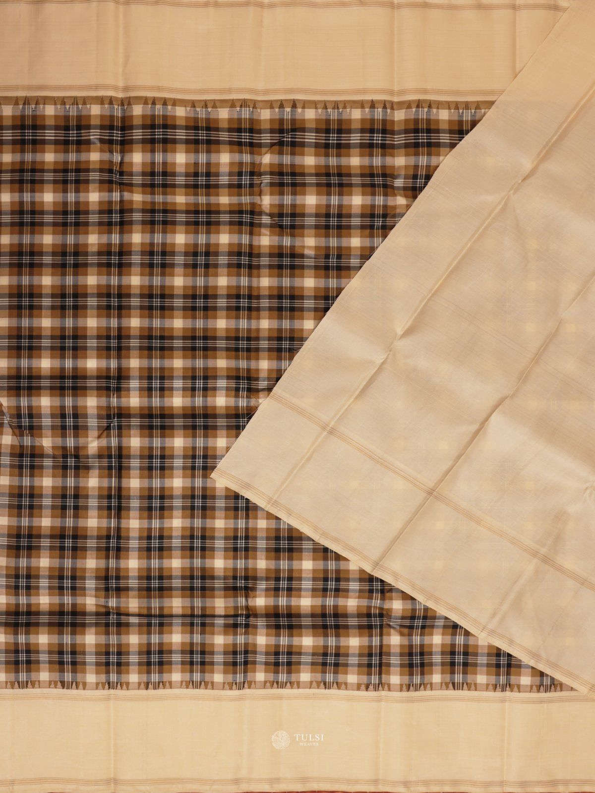 Multi Color Checked Kanjeevaram Silk Saree with White Border - Tulsi Weaves