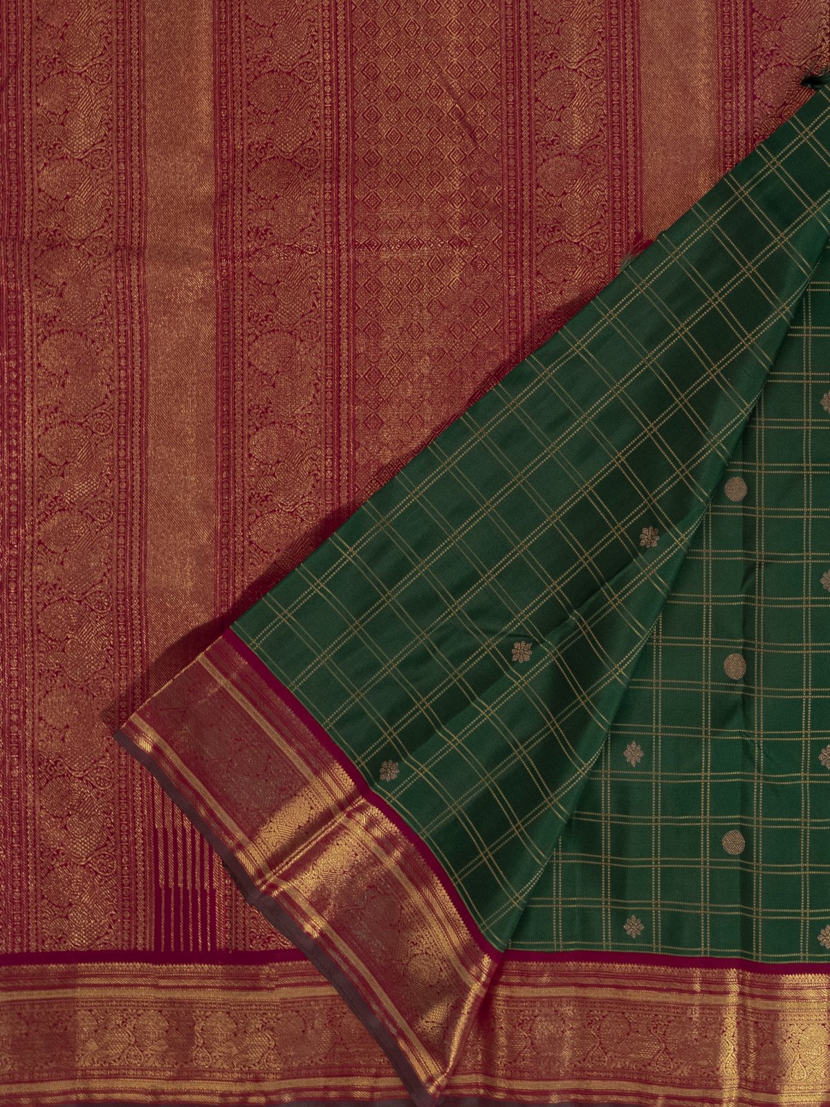 Checked Green Kanjeevaram Silk Saree with Red Border - Handwoven Indian ...