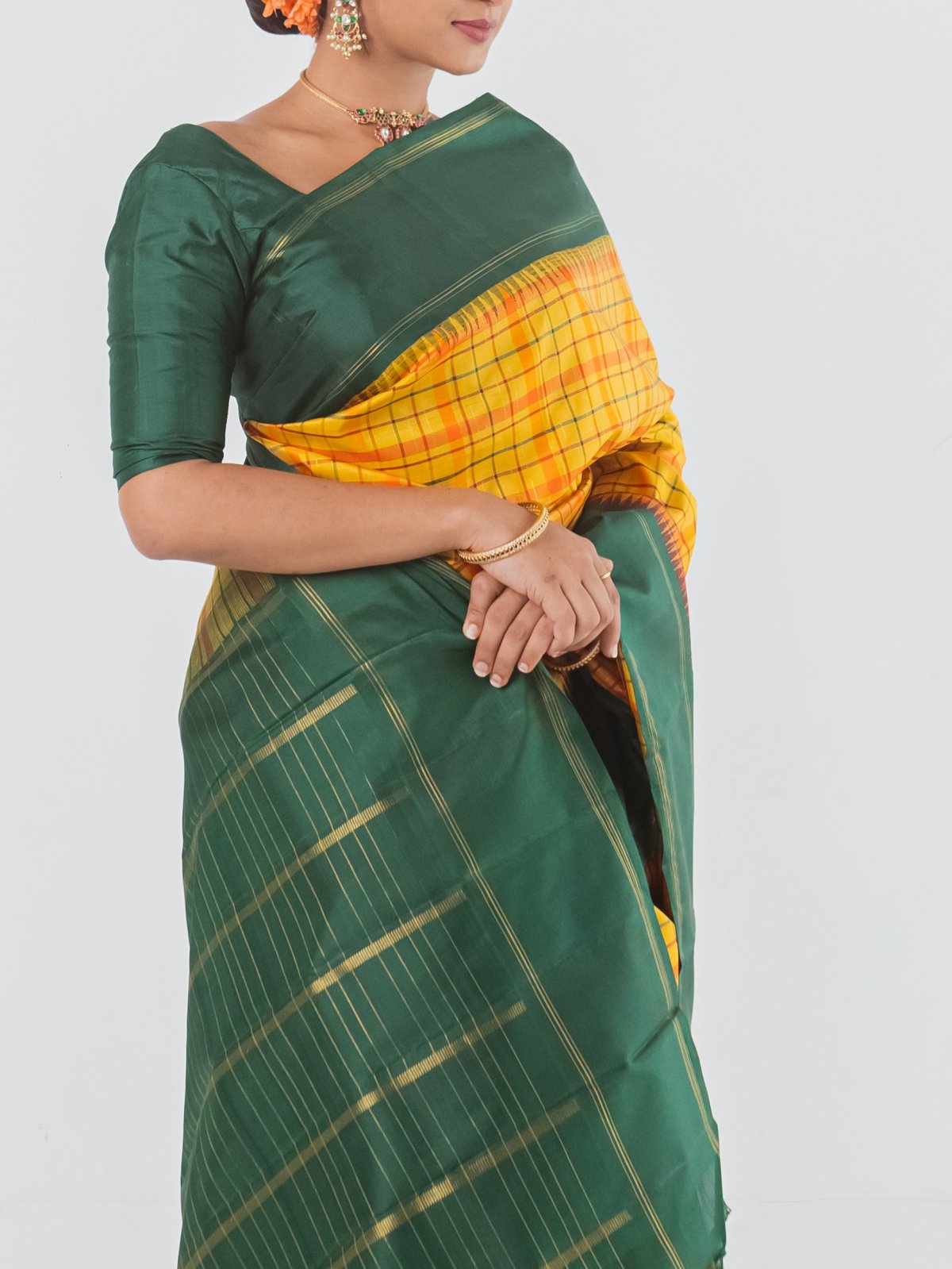 Yellow Checked Kanjeevaram Silk Saree with Dark Green Border - Tulsi Weaves