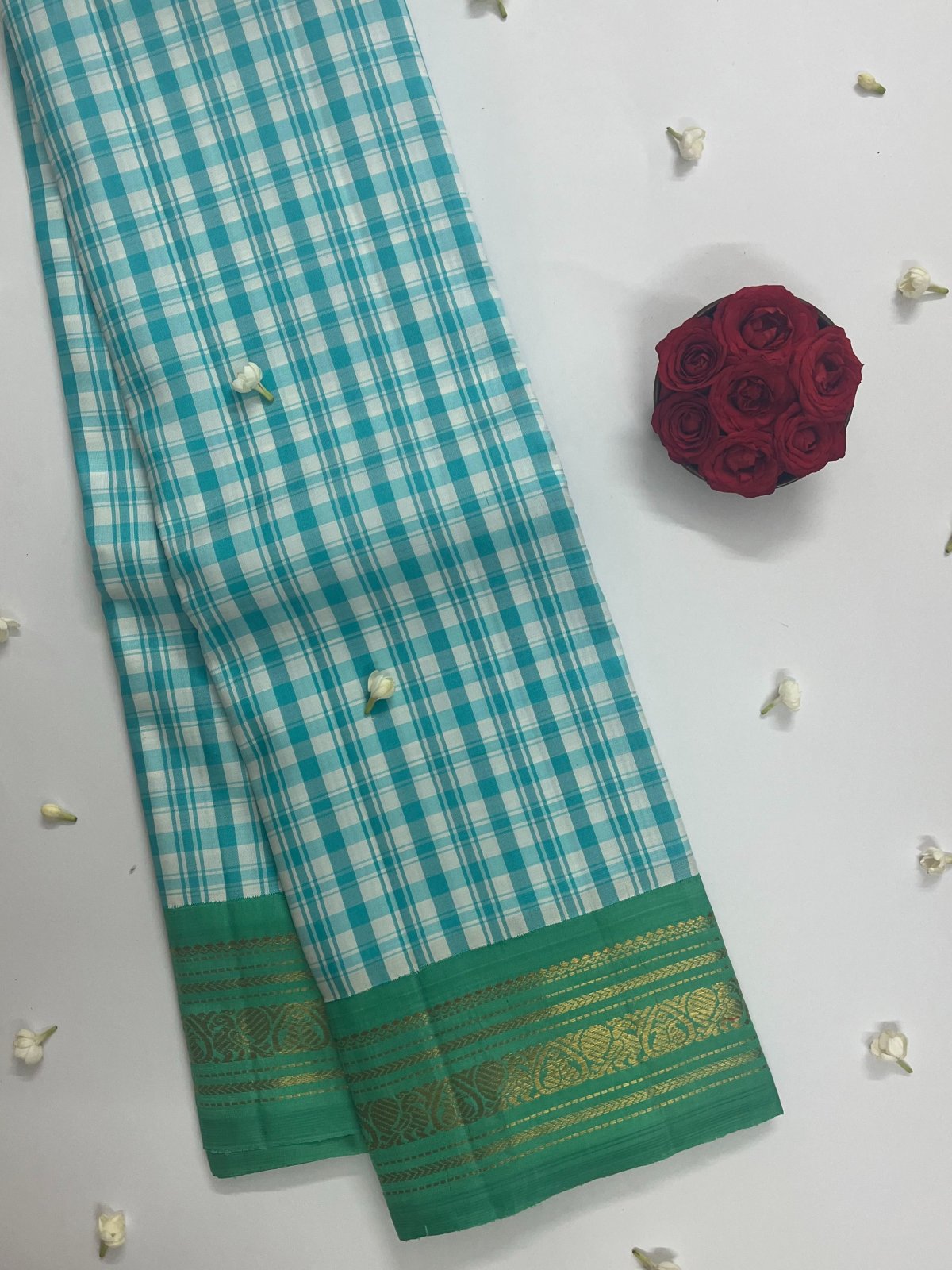 Checked Red Kanjeevaram Silk Saree With White Border